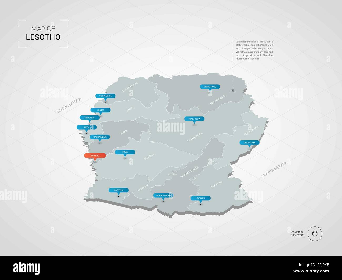Isometric 3D Lesotho map. Stylized vector map illustration with cities ...