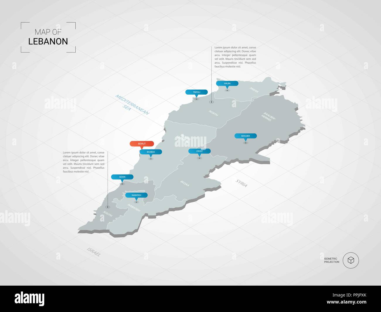 Isometric 3D Lebanon map. Stylized vector map illustration with cities ...