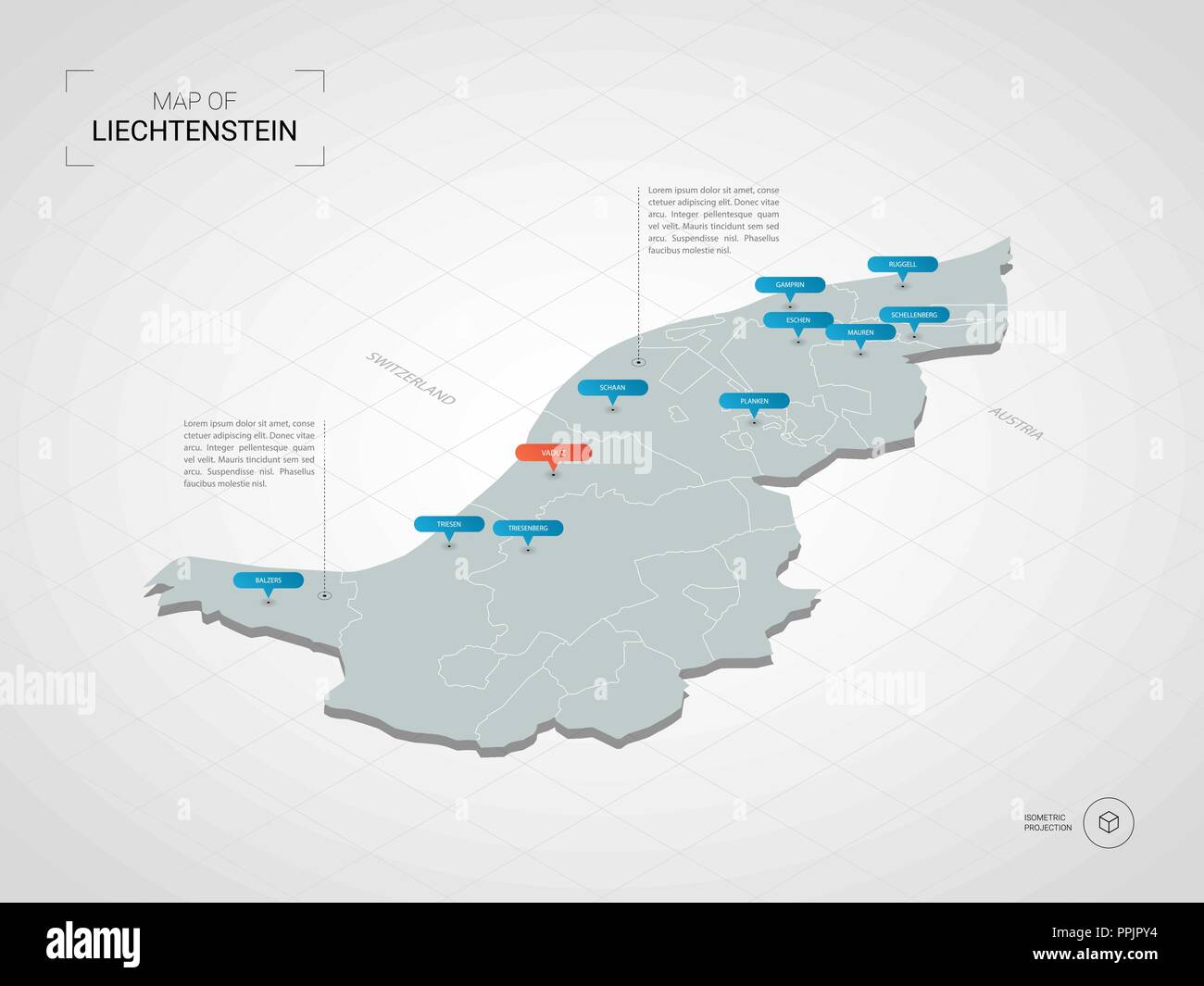 Isometric 3D Liechtenstein map. Stylized vector map illustration with ...