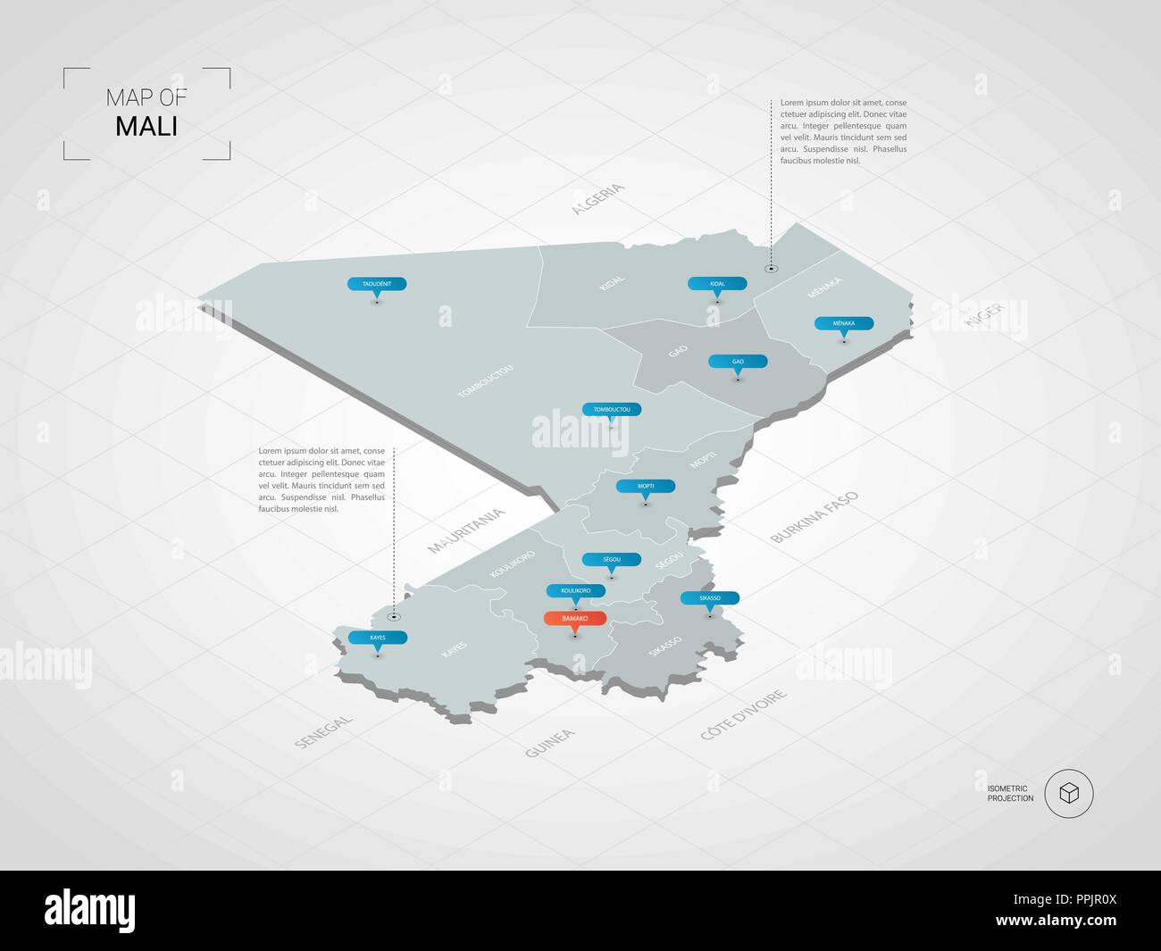 Isometric 3D Mali map. Stylized vector map illustration with cities ...
