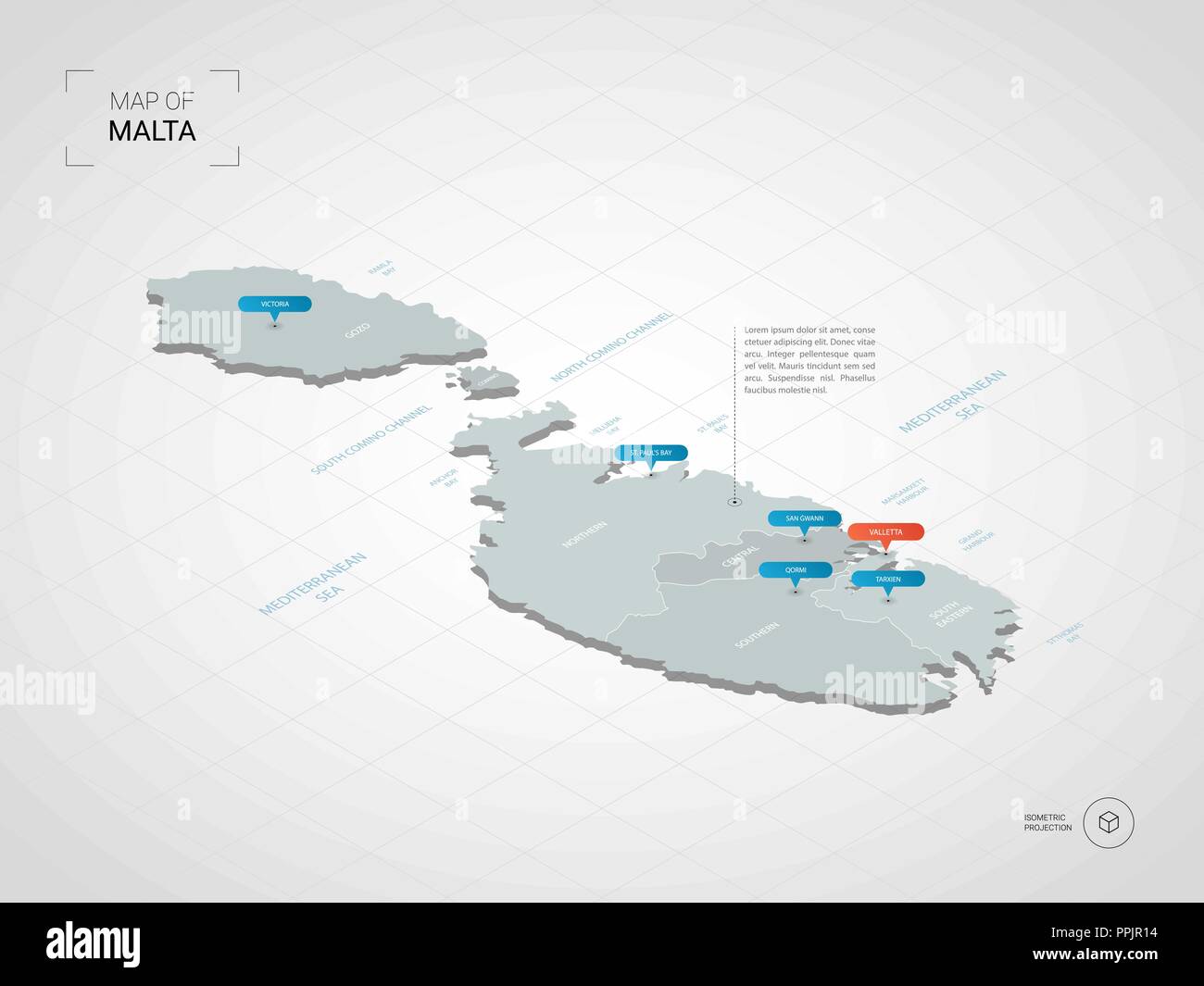 Isometric 3D Malta map. Stylized vector map illustration with cities ...