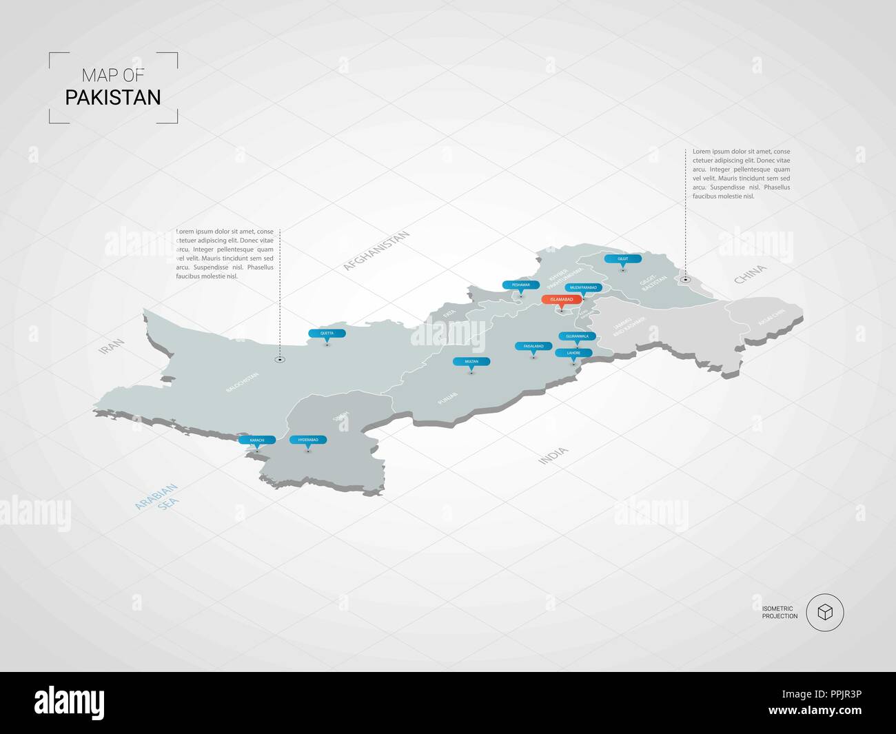 Isometric 3D Pakistan map. Stylized vector map illustration with cities ...
