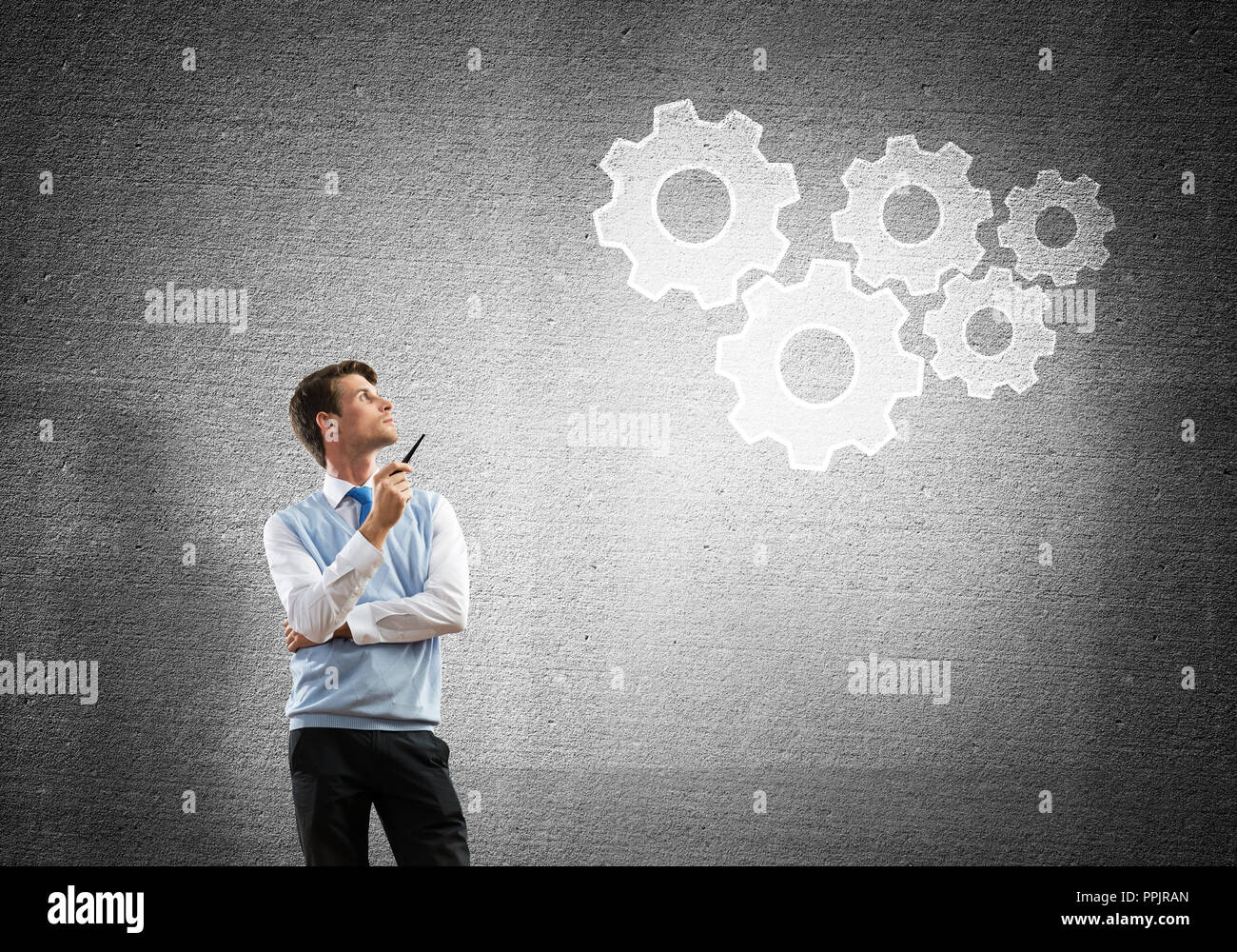 Elegant banker wearing red tie and gears as teamwork concept Stock ...