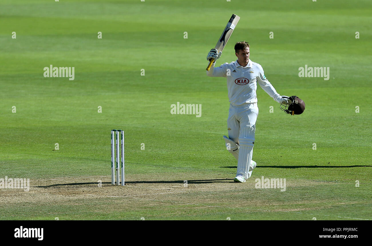 Surrey's Jason Roy celebrates reaching his 100th run during day three ...