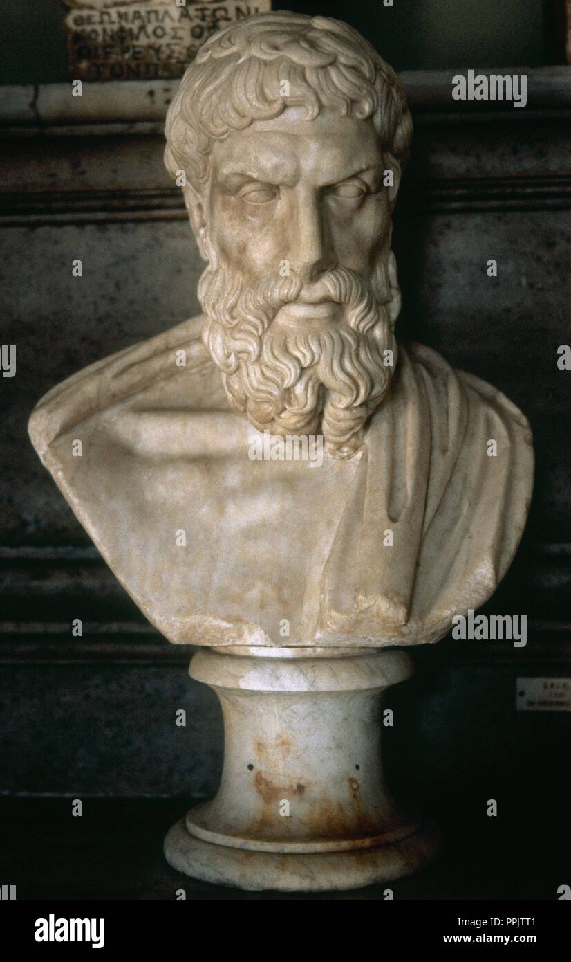 Epicurus (ca.341-270 BC). Greek philosopher. Roman bust, copy of a ...
