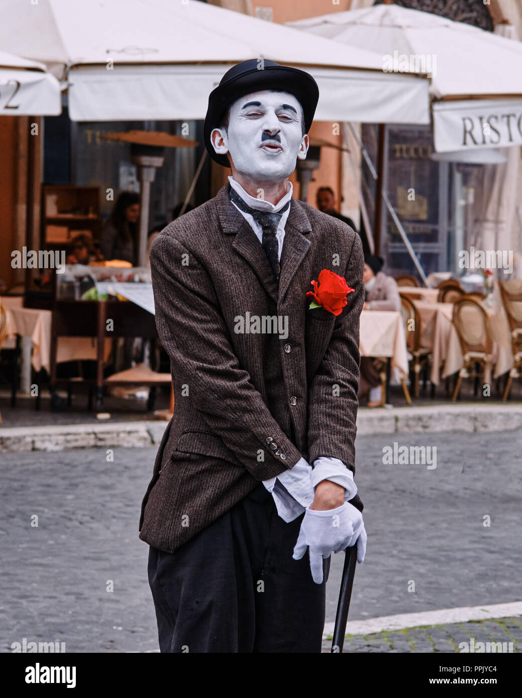Italy, Rome, March 8/ 2018, Mime dressed as Charlie Chaplin in Piazza ...