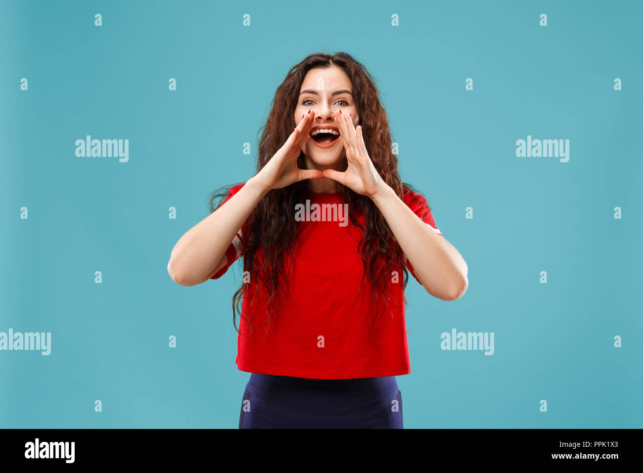 Do not miss. Young casual woman shouting. Shout. Crying emotional woman ...