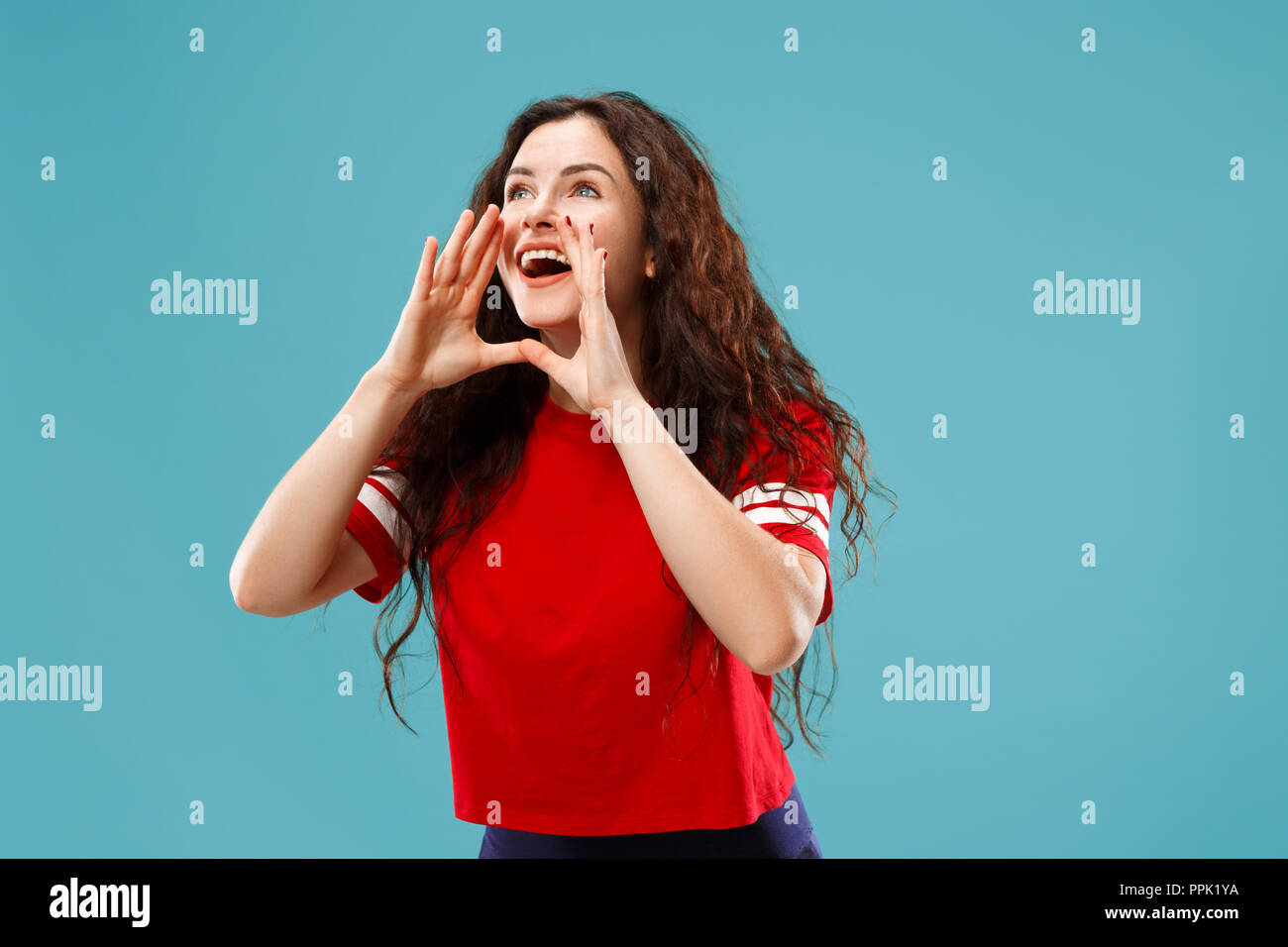 Do not miss. Young casual woman shouting. Shout. Crying emotional woman ...