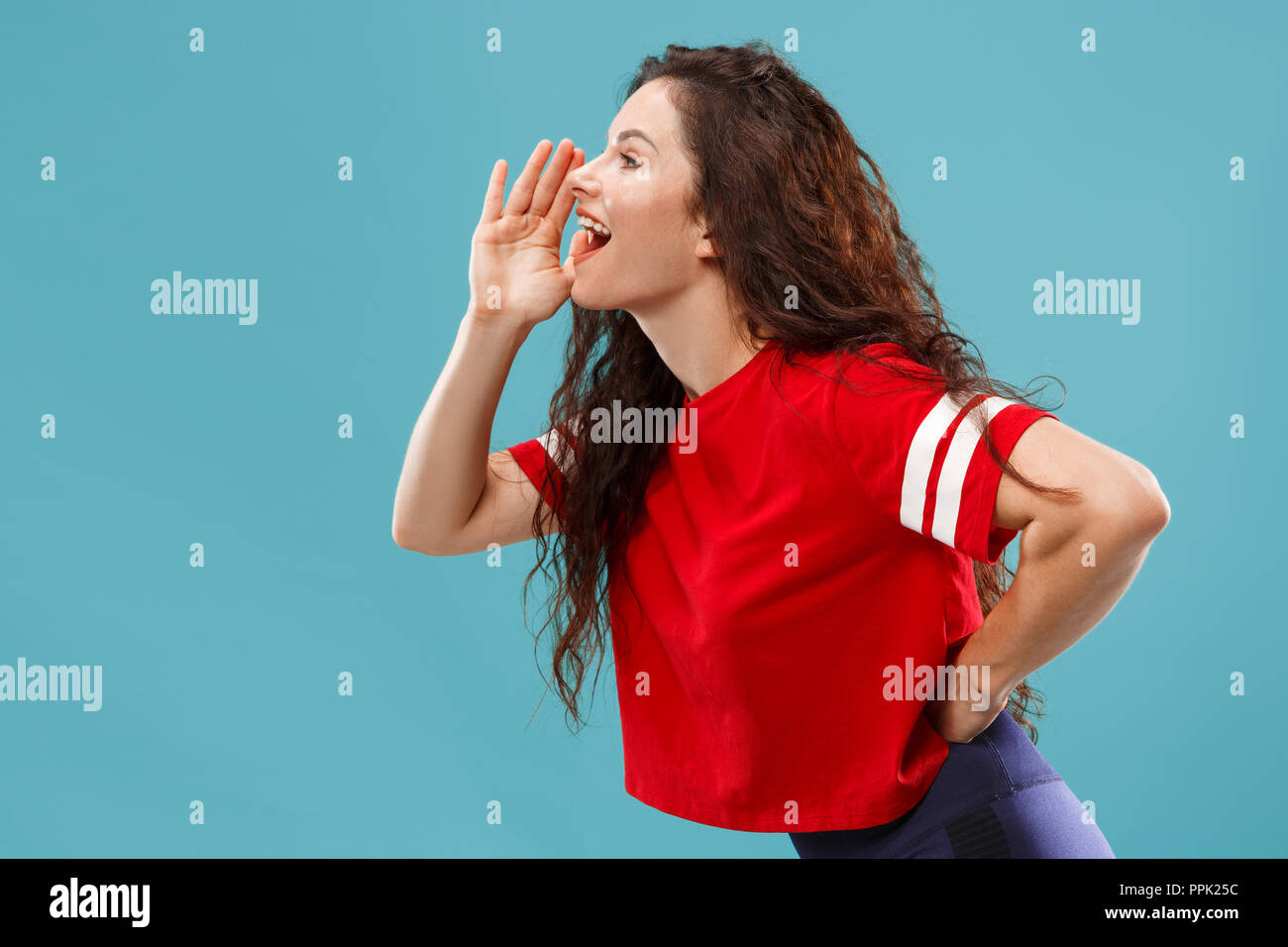 Do not miss. Young casual woman shouting. Shout. Crying emotional woman ...