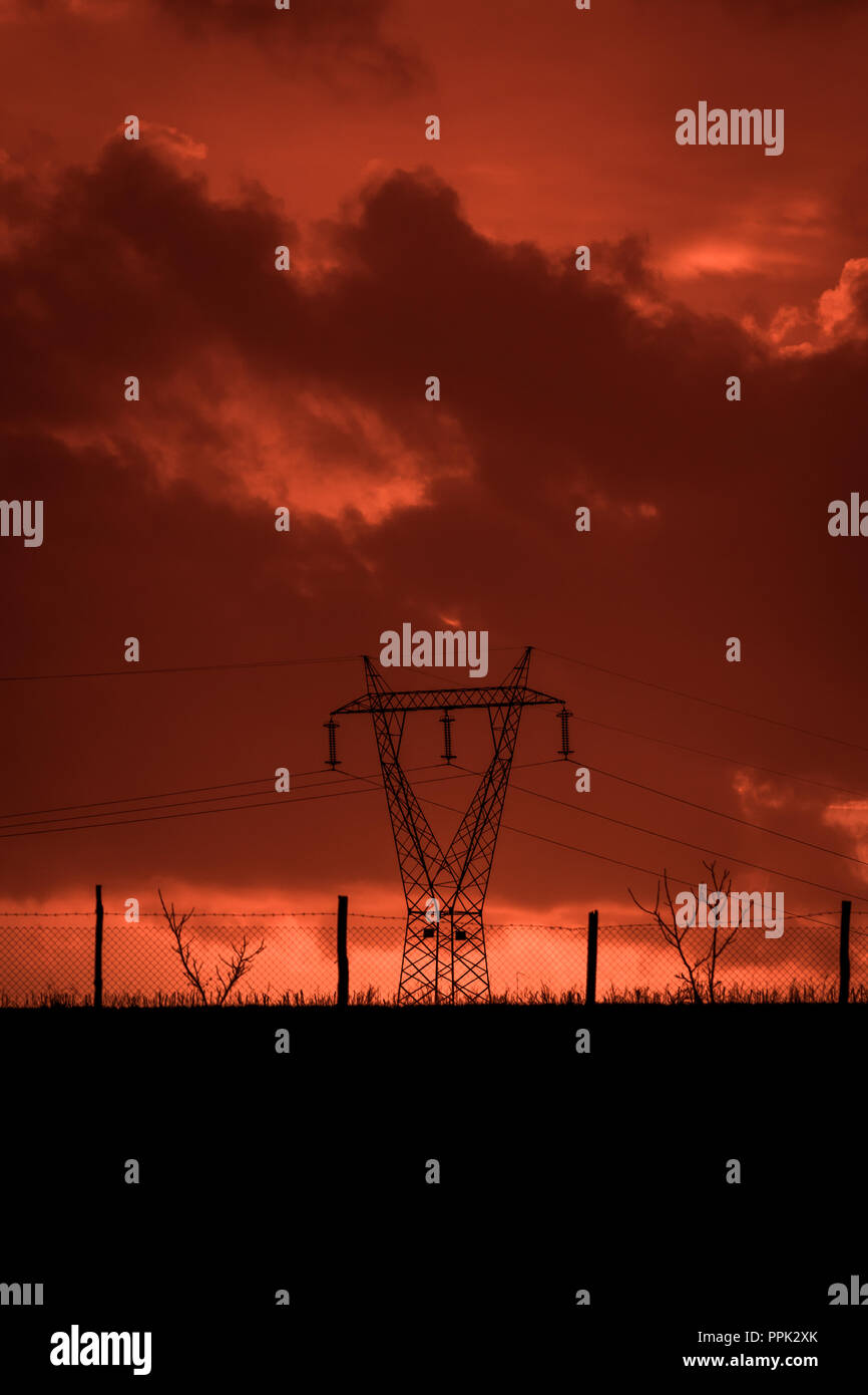 Cinematic horror scenario, deep red sky, with massive black clouds ...