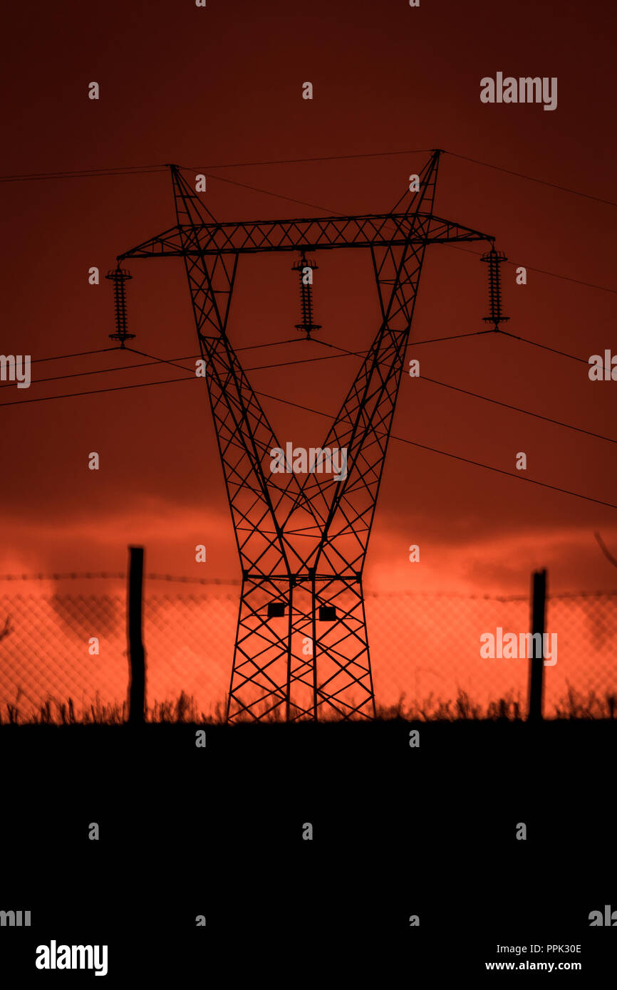 Cinematic horror scenario, deep red sky, with massive black clouds ...