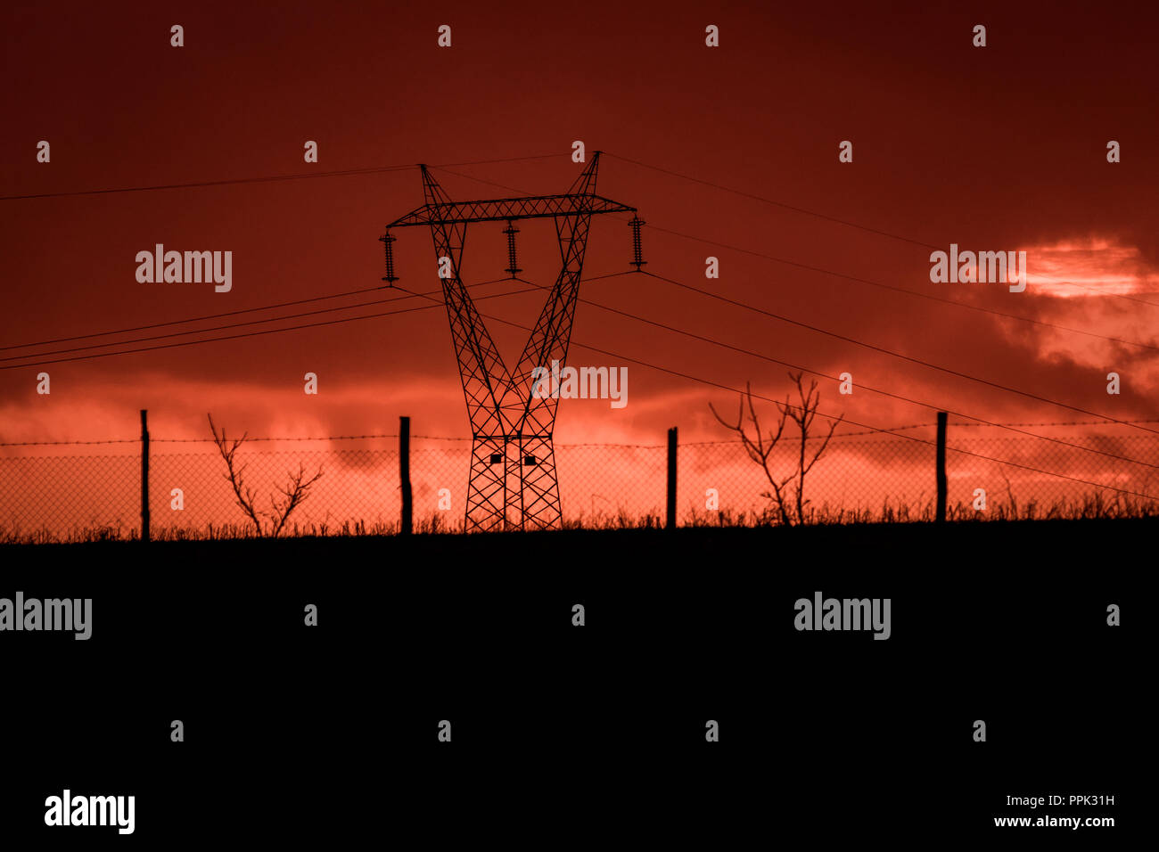 Cinematic horror scenario, deep red sky, with massive black clouds ...