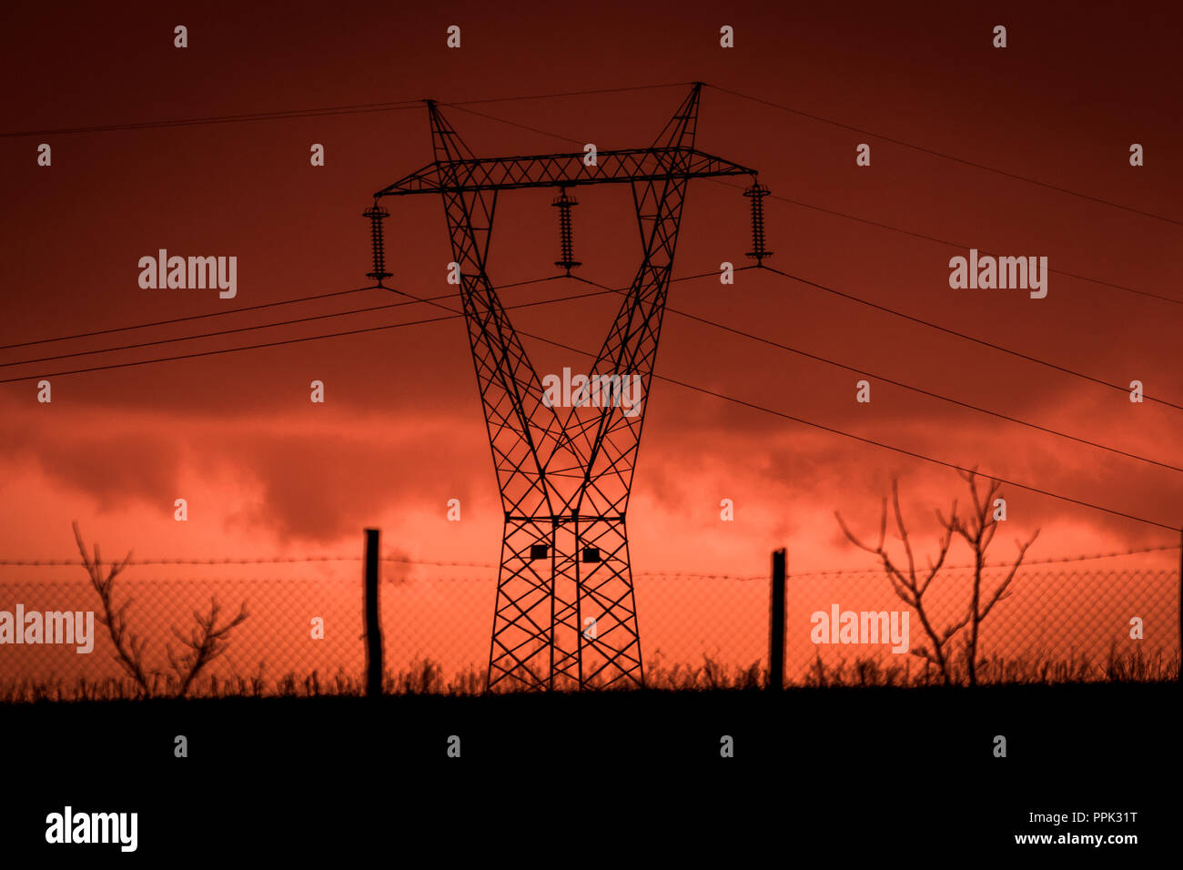 Cinematic horror scenario, deep red sky, with massive black clouds ...