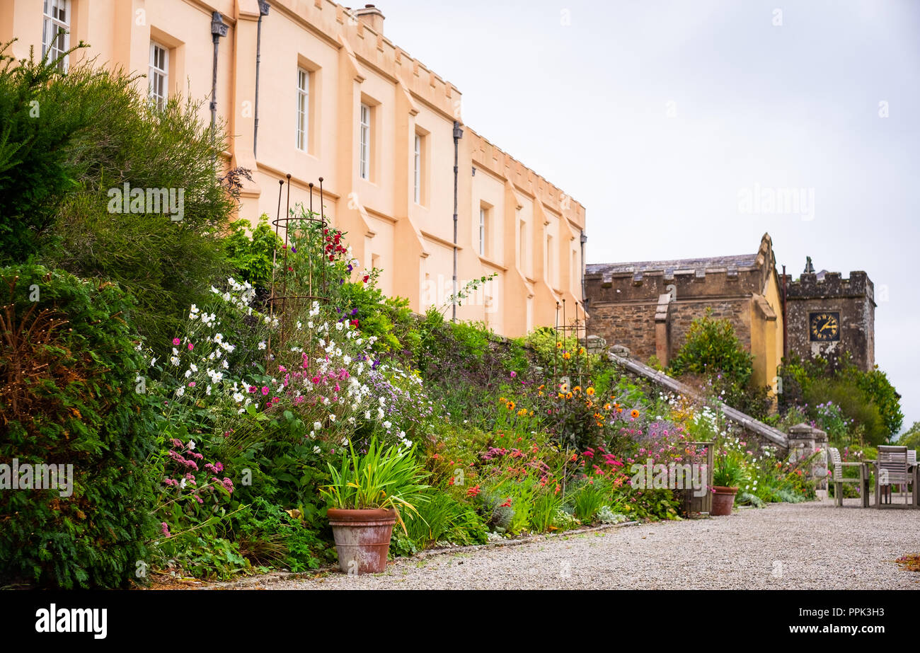 Pale peach facade of Pentillie Castle and Estate near Saltash ...