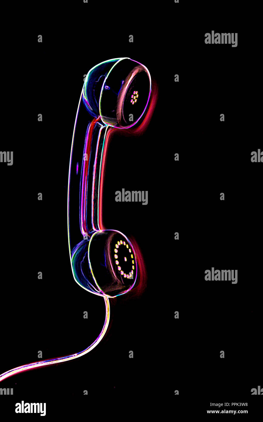 Neon telephone receiver glowing on a black background Stock Photo - Alamy