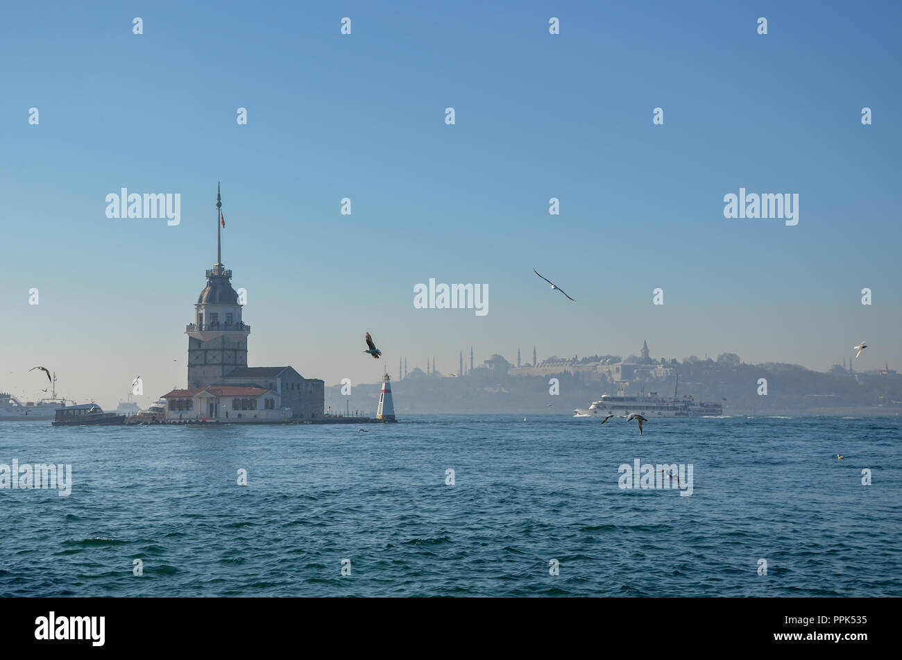 Maiden's Tower (Leander's Tower) in Istanbul, Turkey with Hagia Sophia ...