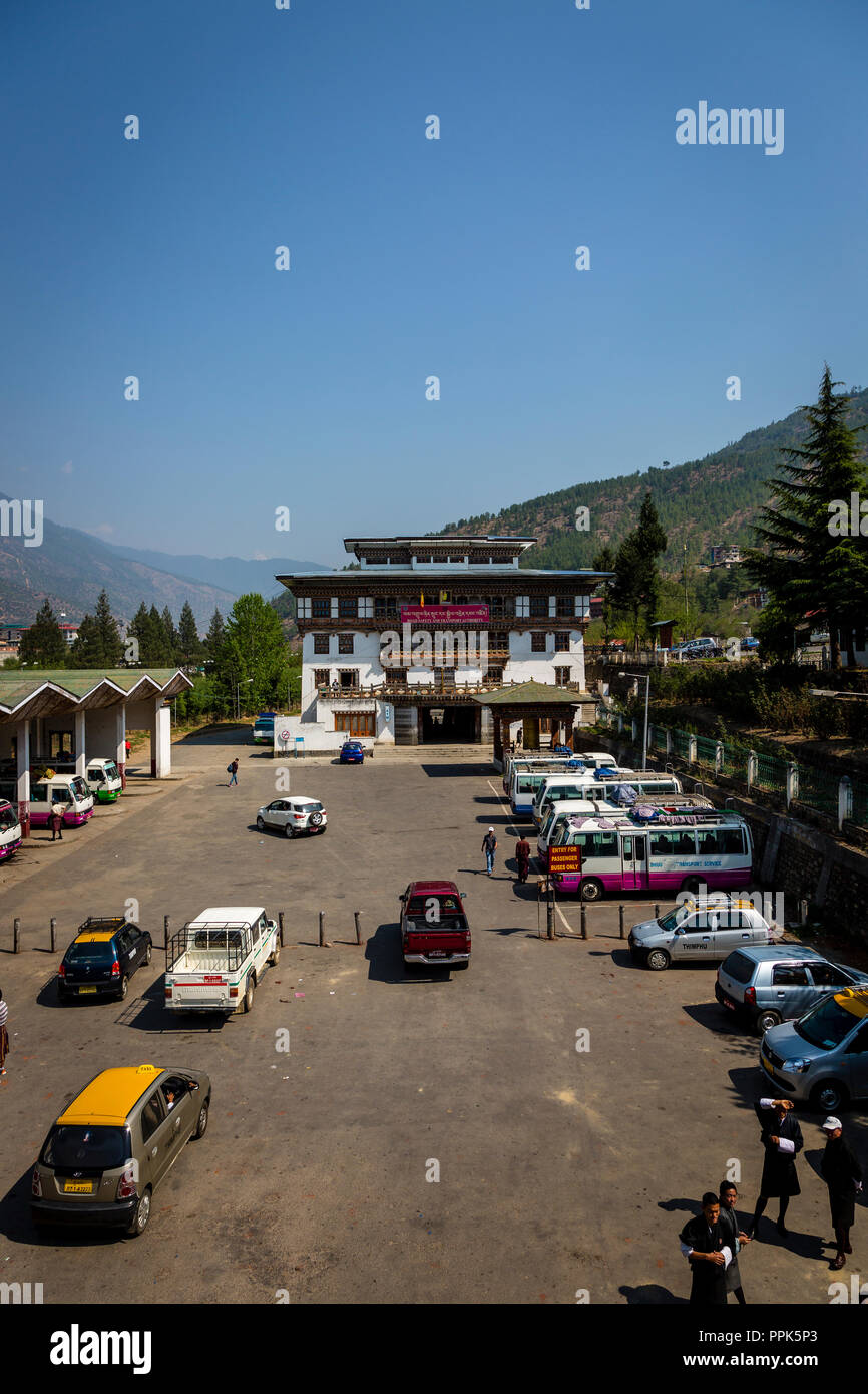 Bus stand in Thimpu, the capital city of the Himalayan Kingdom of ...