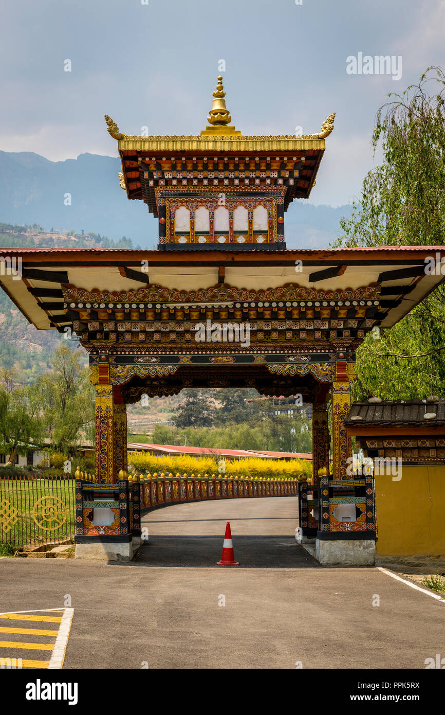 Entrance gate of the King's palace in Thimpu, the capital city of the ...