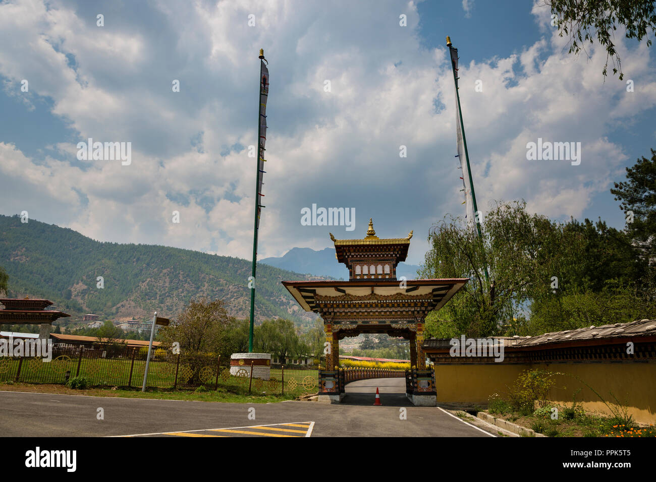 Entrance gate of the King's palace in Thimpu, the capital city of the ...