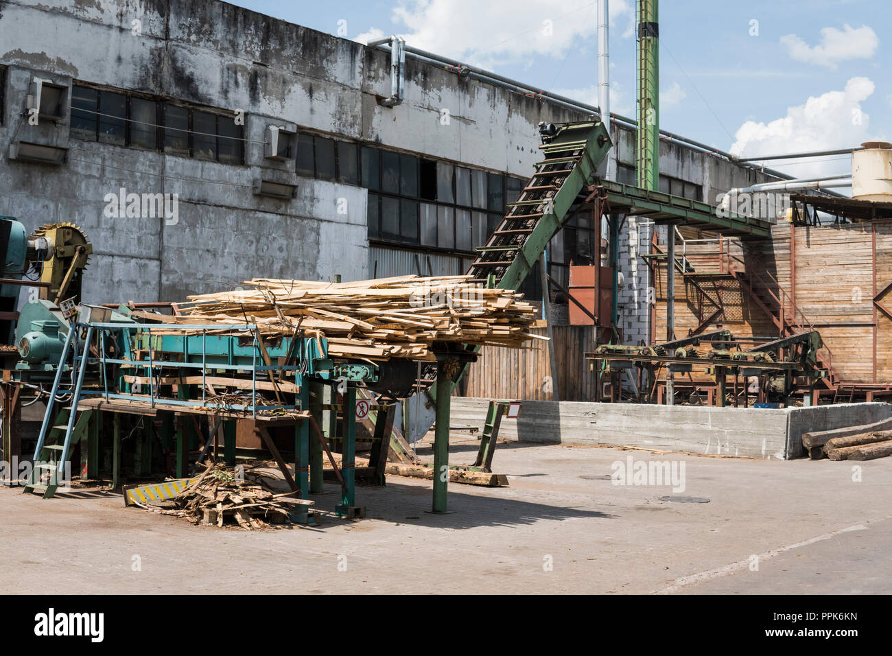 Sawmill plant for outdoor wood recycling. Processing of timber at the ...