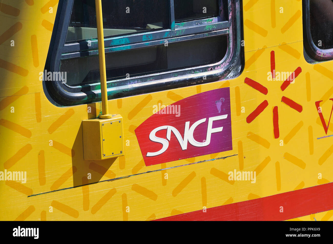 Logo of the SNCF French train company on a TER regional train in ...