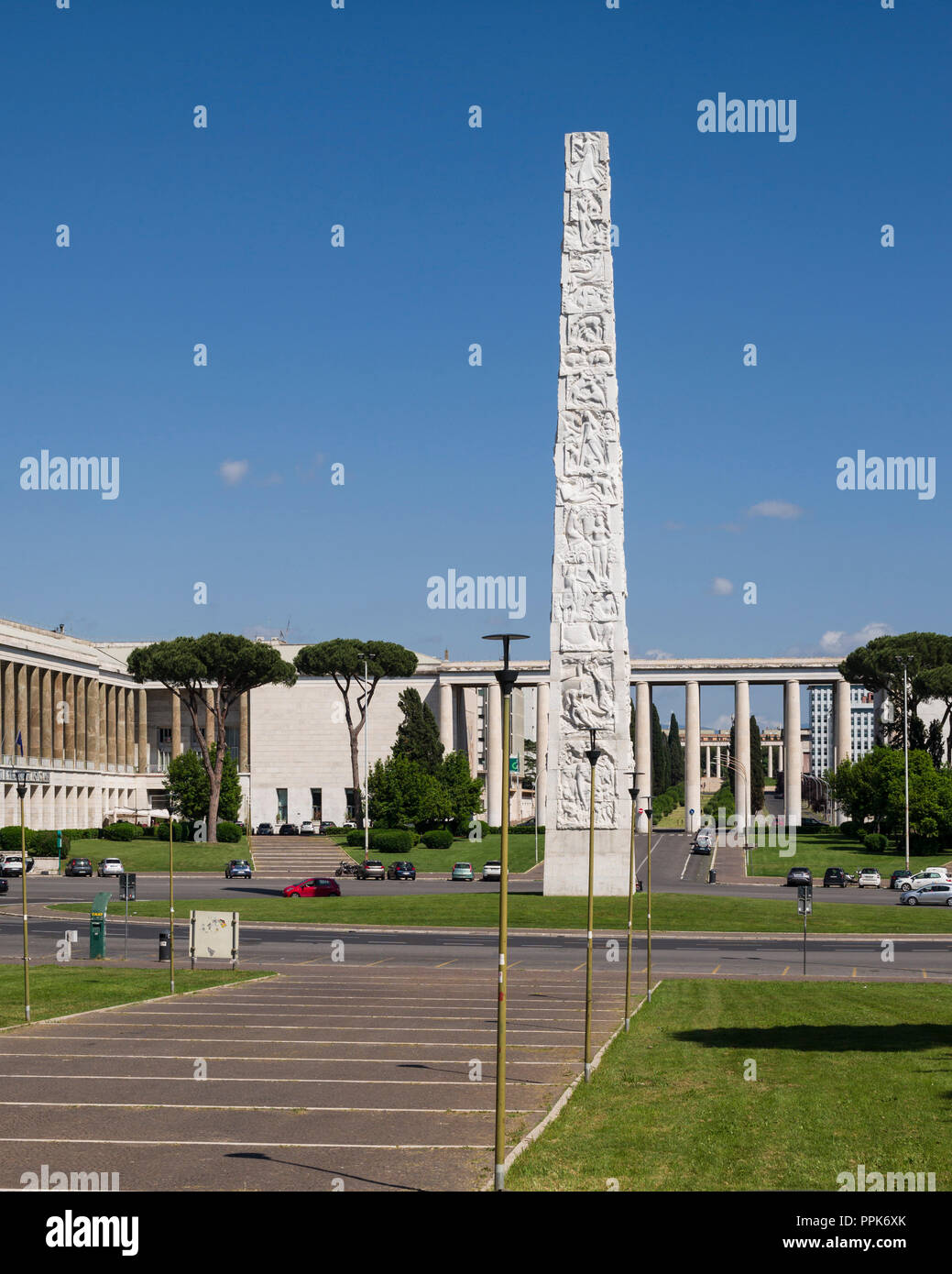 Rome. Italy. EUR. The obelisk dedicated to Guglielmo Marconi on the ...