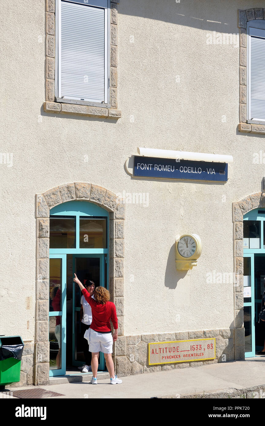 The small yellow train station at Font Romeu-Odeillo in the Pyrenees ...
