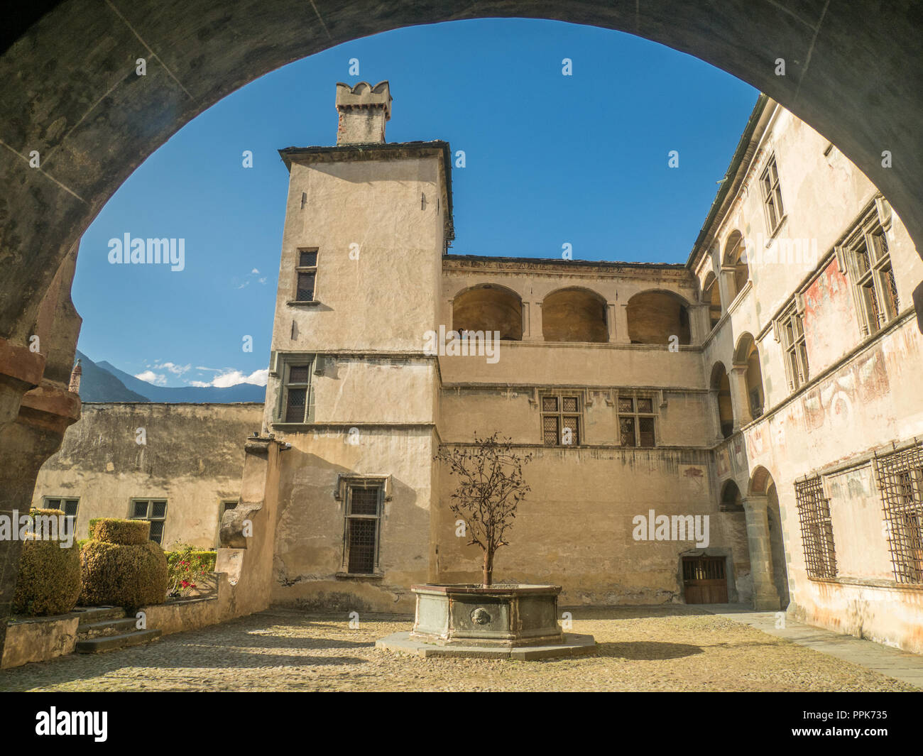 Courtyard in Issogne Castle, a Castle/Manor in the town of Issogne in ...
