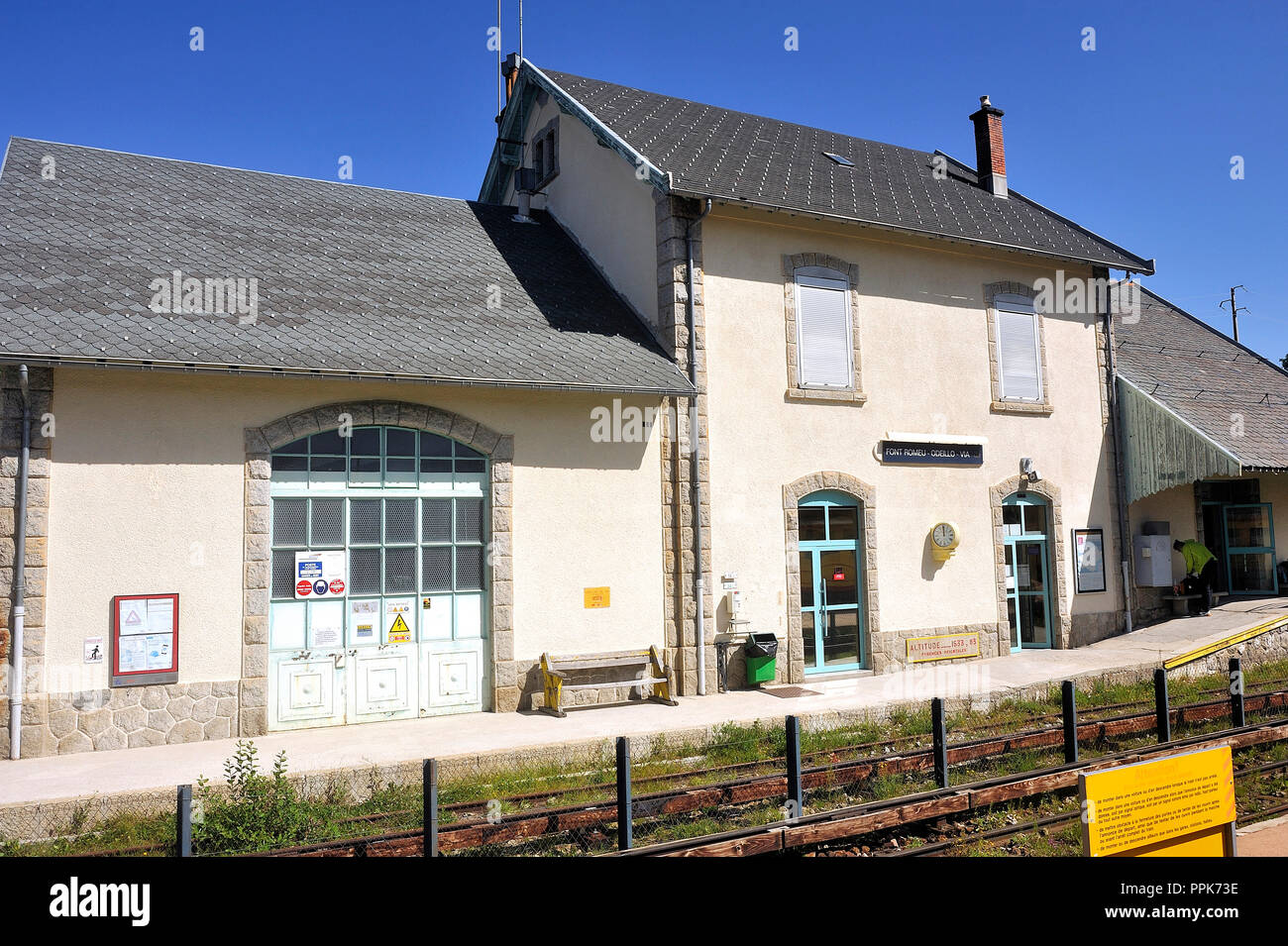 The small yellow train station at Font Romeu-Odeillo in the Pyrenees ...