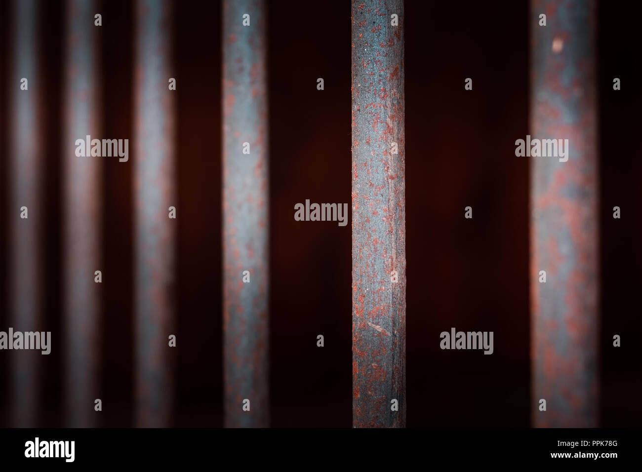 Rusty prison bars in maximum security facility. Darkness, evil ...