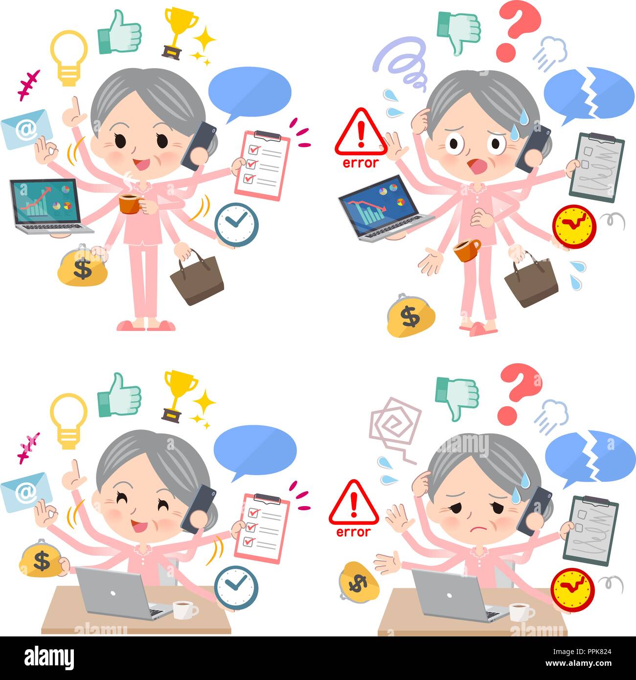 A set of senior women who perform multitasking in the office.There are ...