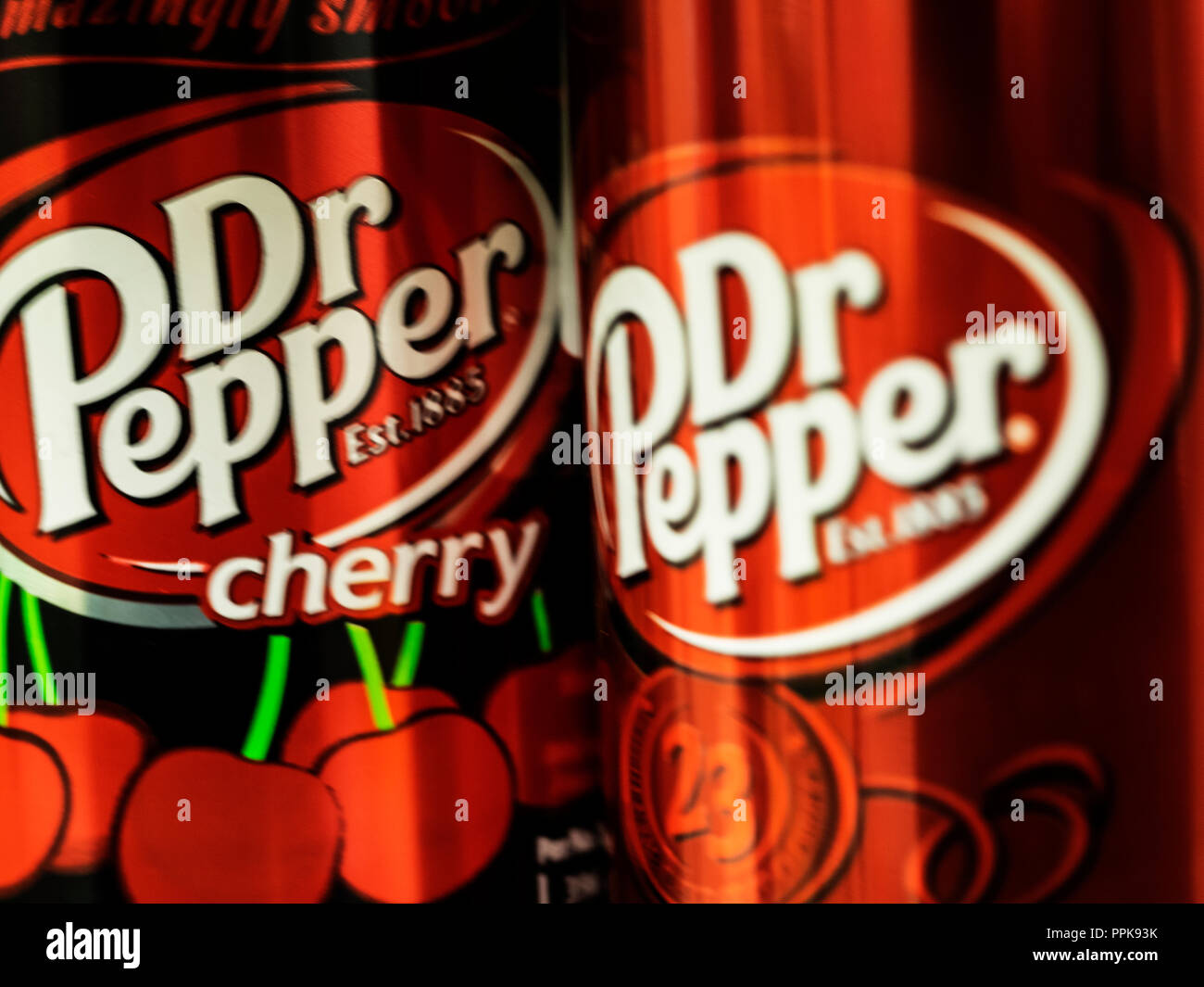 Cans of Dr Pepper. Dr Pepper is a soft drink created in the 1880s Stock ...