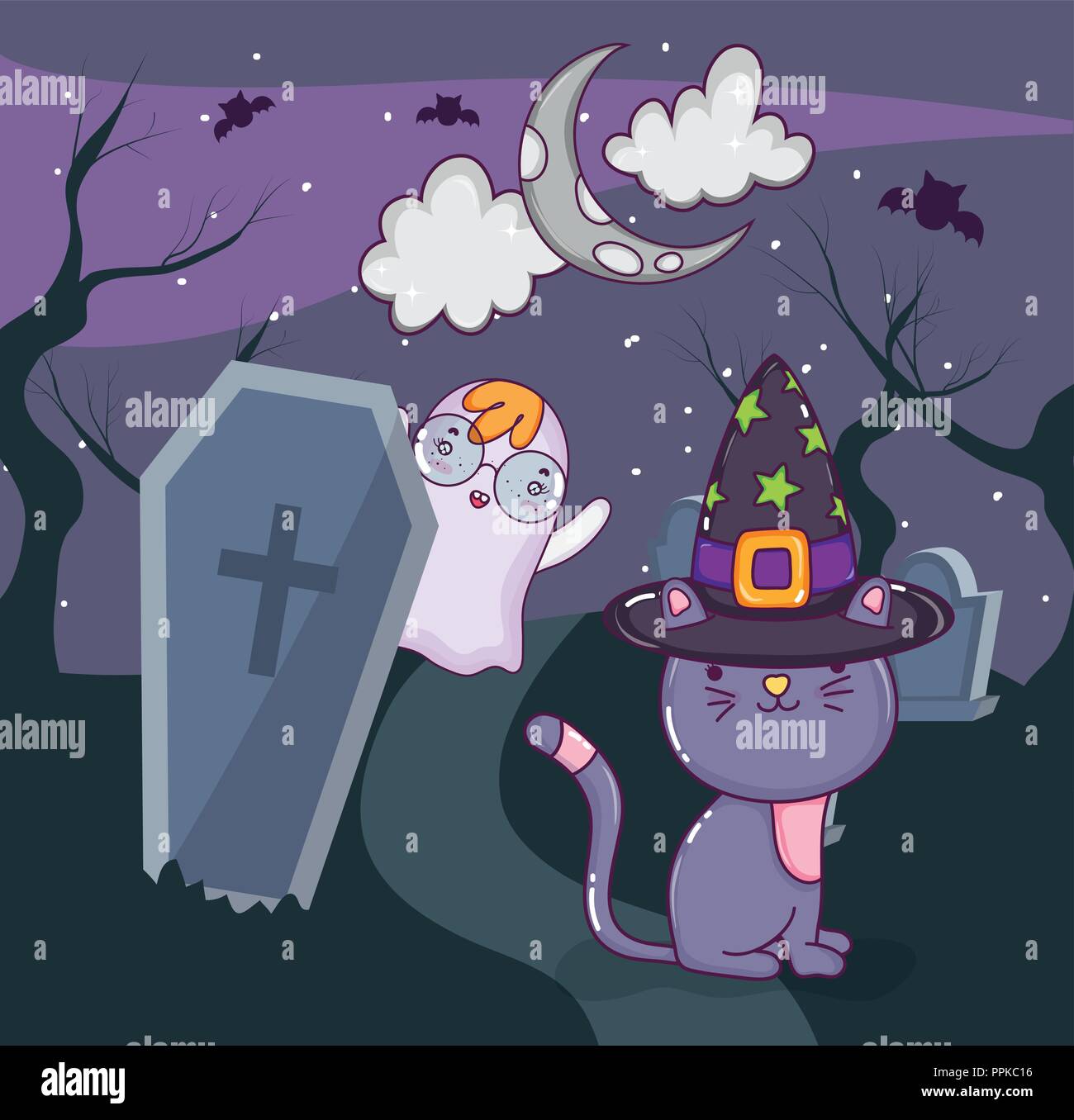Halloween cat and ghost cartoon Stock Vector Image & Art - Alamy