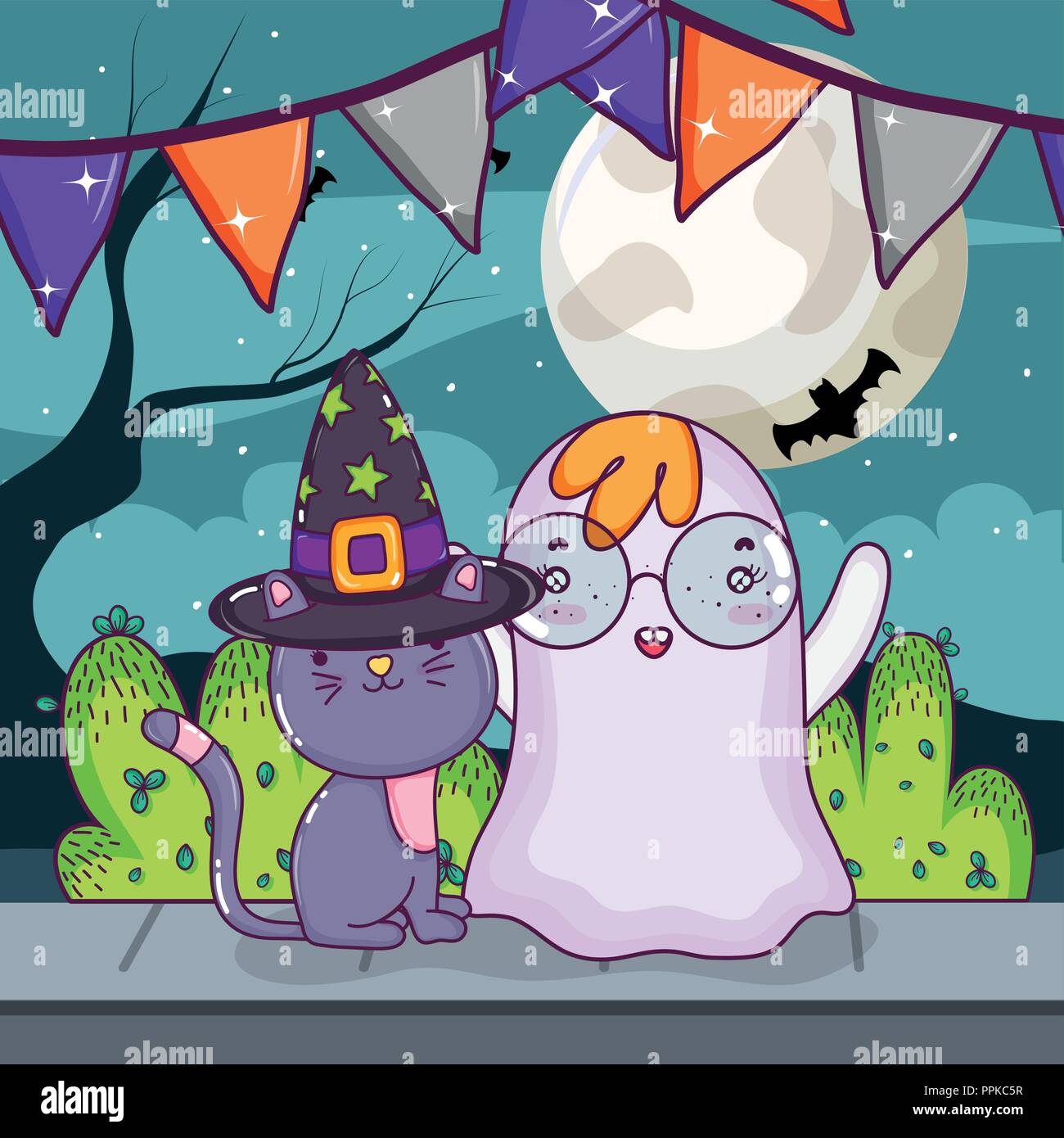Halloween cat and ghost cartoon Stock Vector Image & Art - Alamy