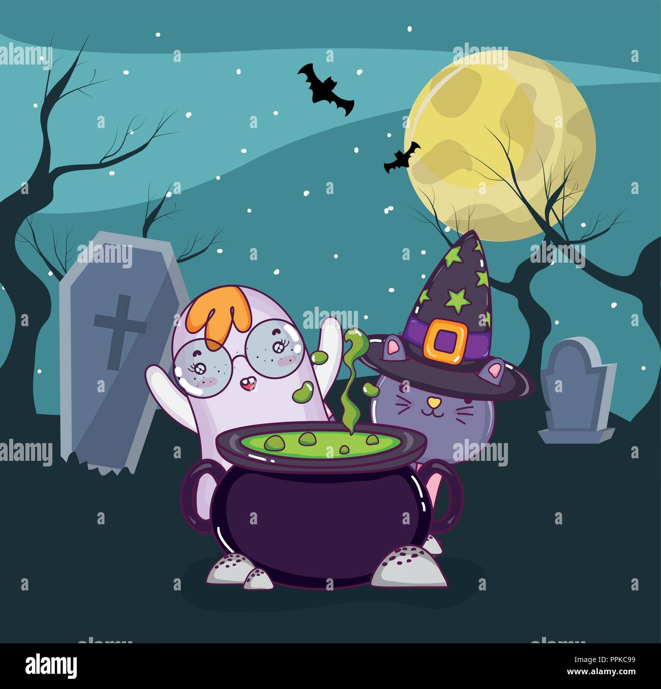 Halloween cat and ghost cartoon Stock Vector Image & Art - Alamy