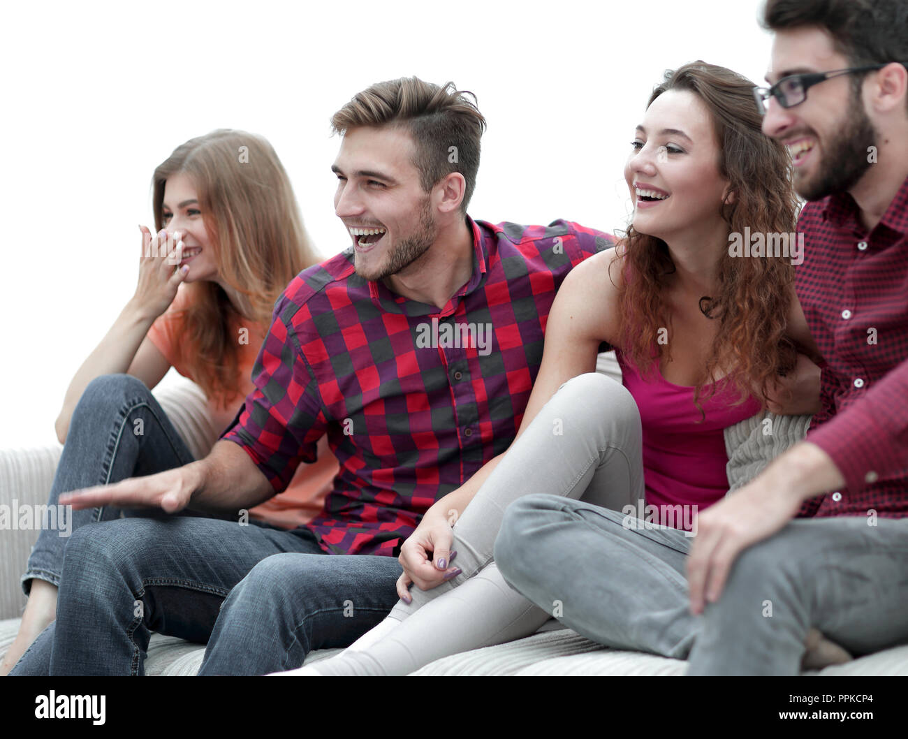 young people watch your favorite show sitting on the couch Stock Photo ...