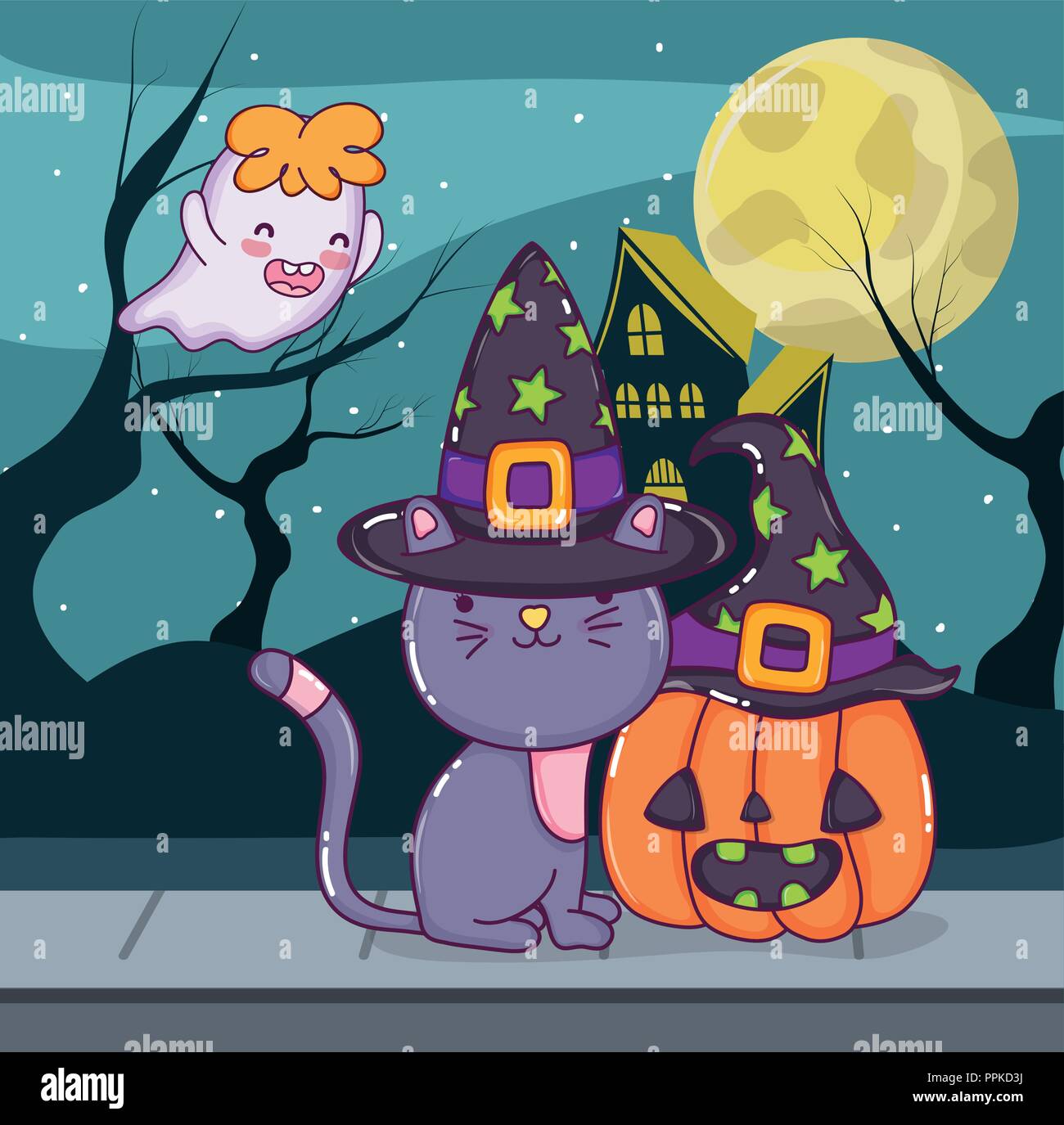 Halloween cat and ghost Stock Vector Image & Art - Alamy