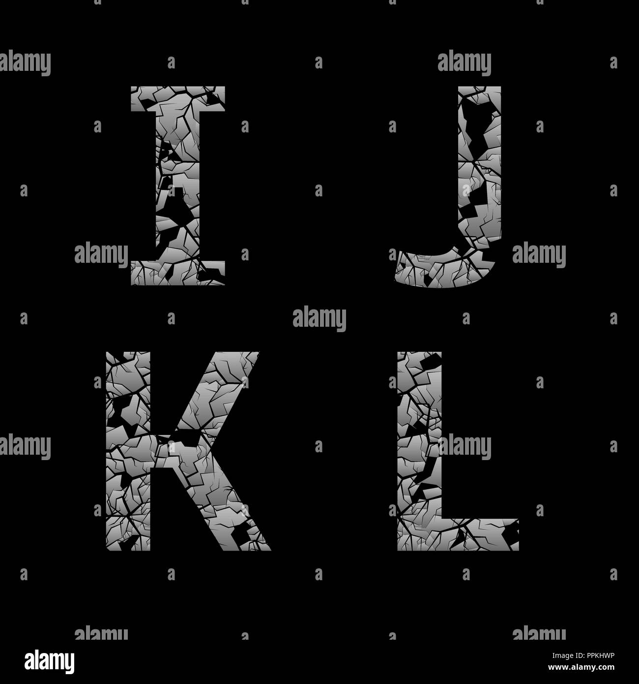 Silver broken I J K L letters, Old cracked letters. Vector illustration ...