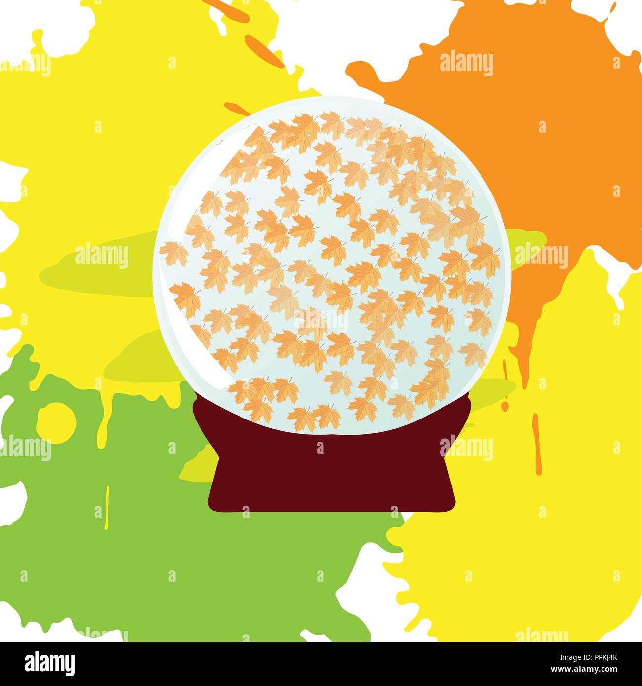 Vector illustration. Glass ball with falling leaves on an colored ...