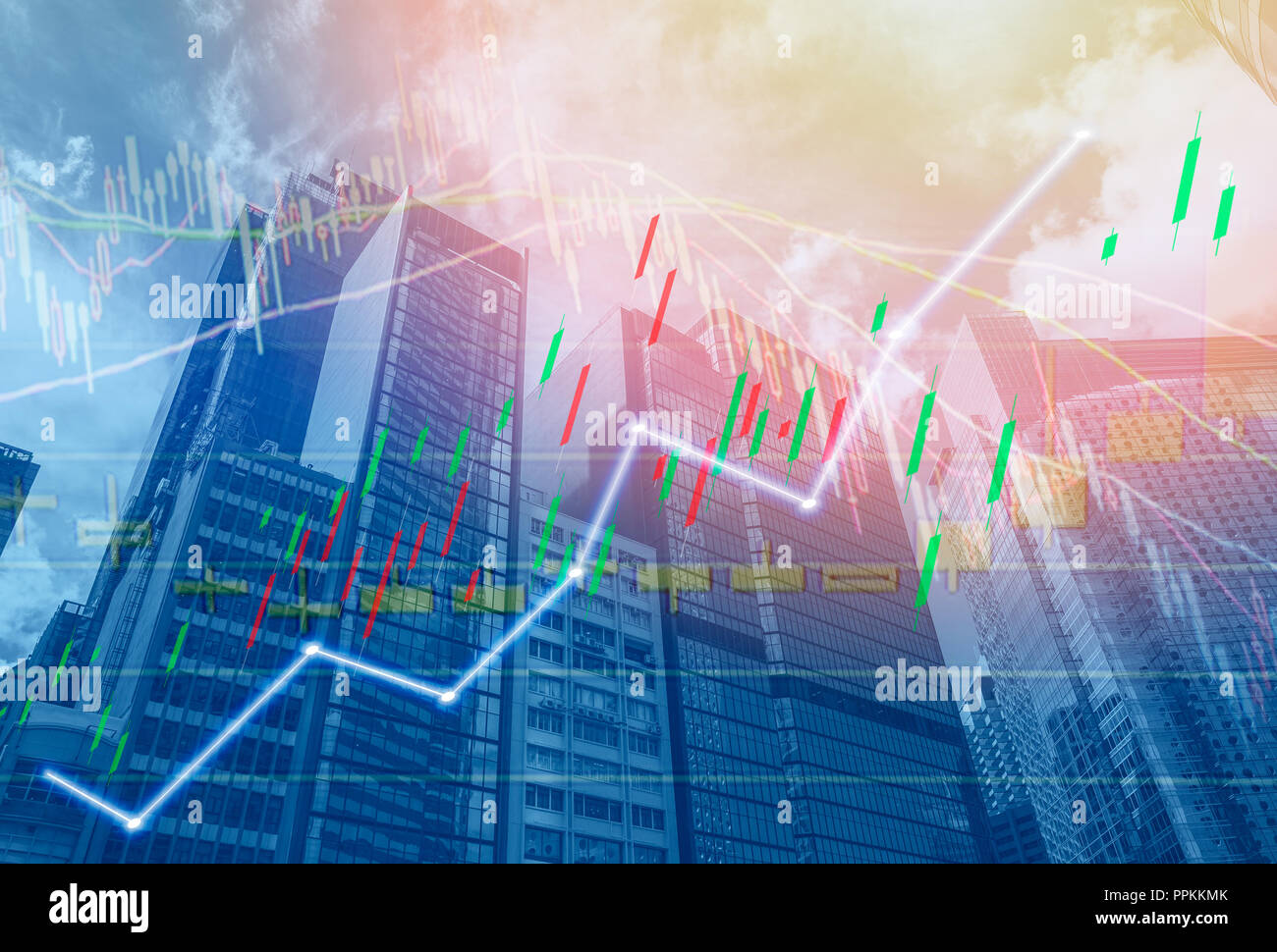 Composing with business building and stock chart (blue bull chart on ...