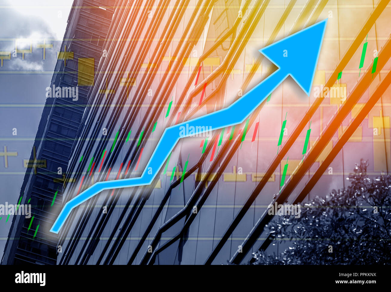 Composing with business building and stock chart (blue bull chart on ...