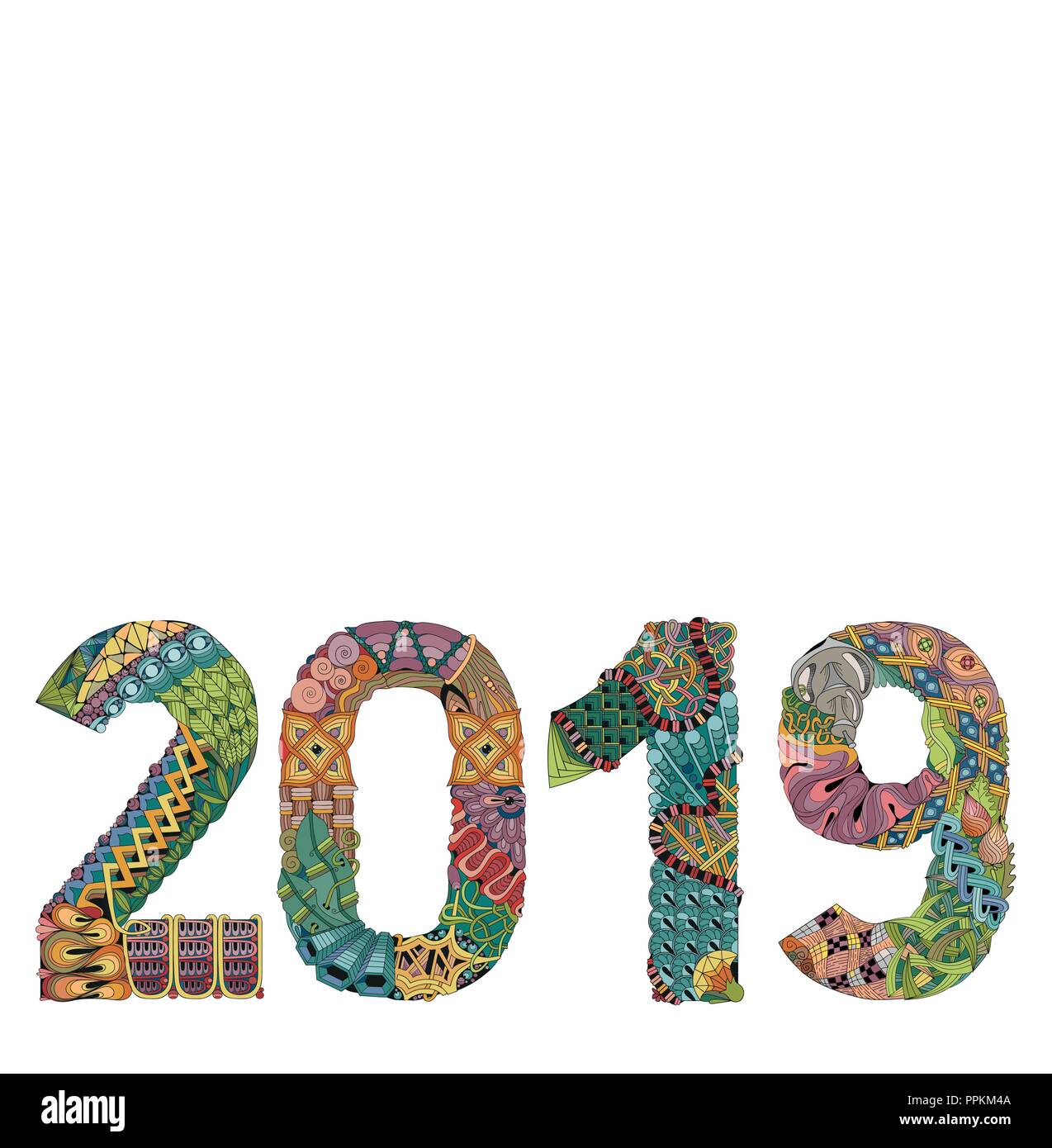 Zentangle illustration with pig and number 2019. Zentangle or doodle ...