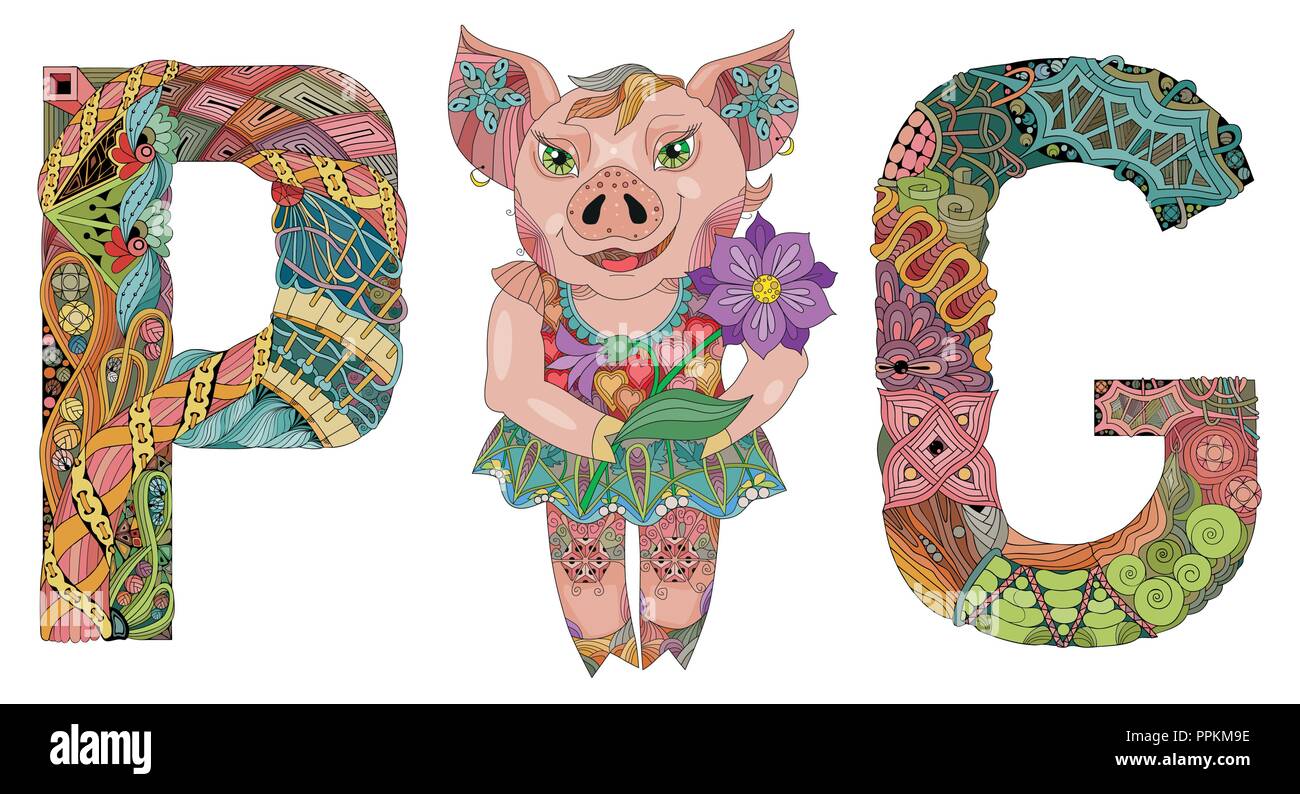 Zentangle illustration with pig. Zen tangle or doodle piglet. Piggy ...