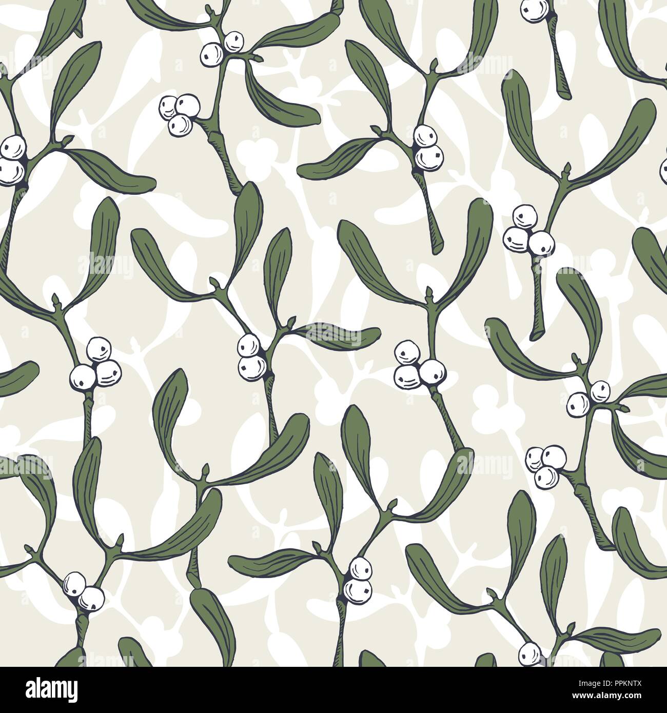 Hand Drawn Green Mistletoe Vector Seamless Pattern. Christmas Black Ink ...