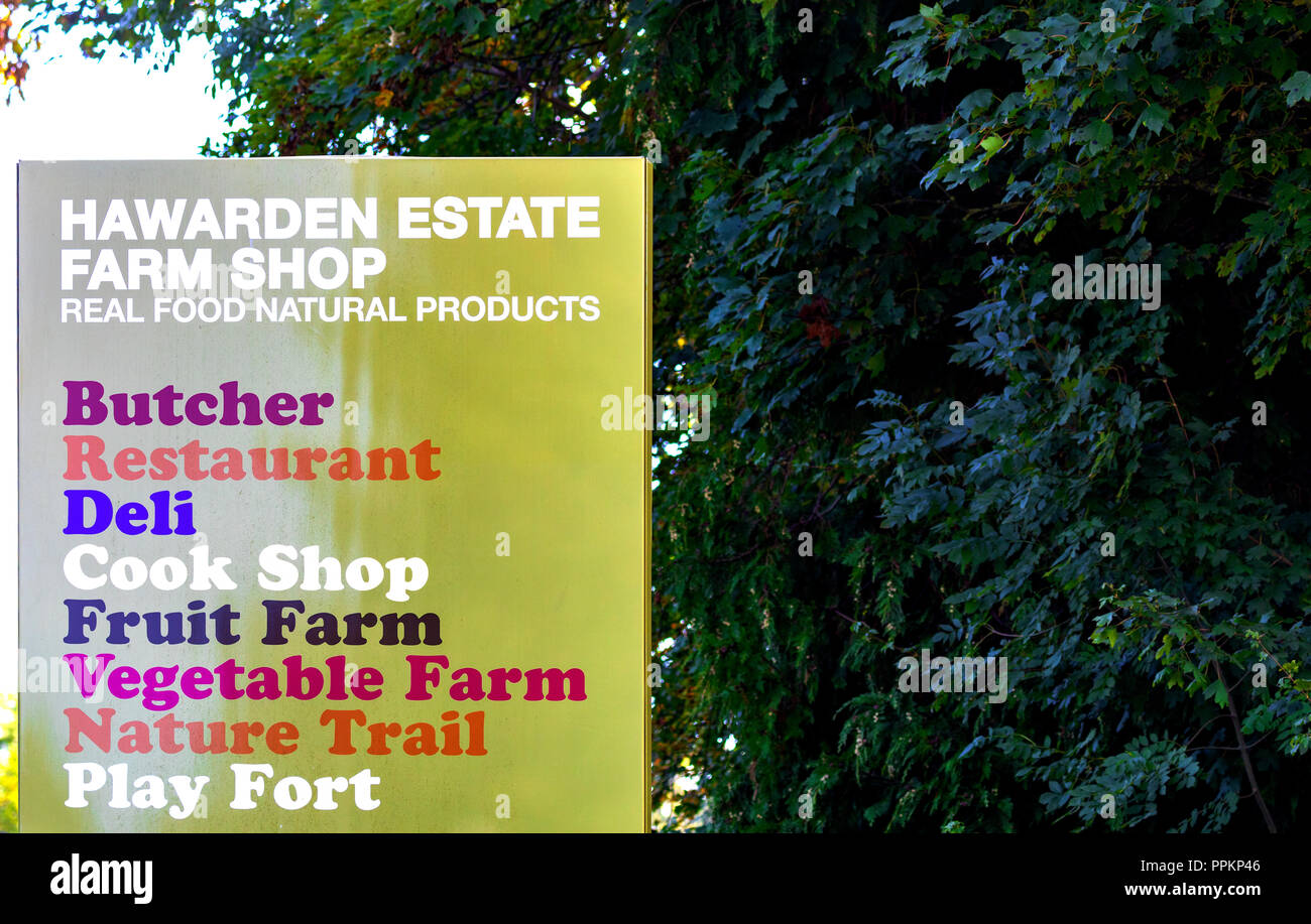 Hawarden Estate Farm Shop sign outside the farm shop in the village of ...