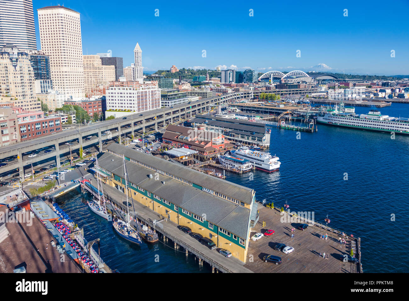 Aerial view of ferries and waterfront harbor area of Seattle Washington ...