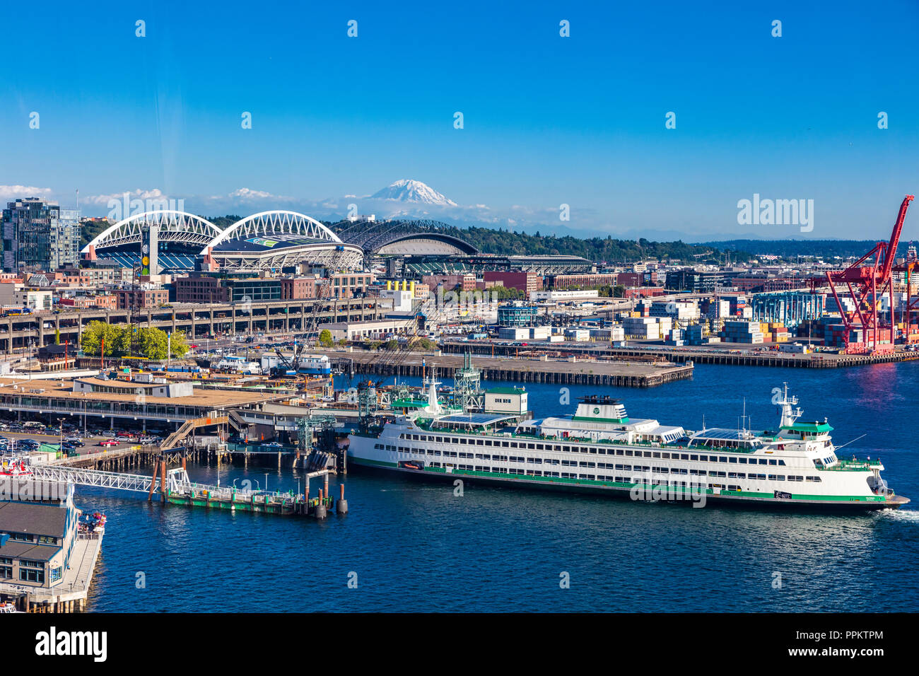 Aerial view of ferries and waterfront harbor area of Seattle Washington ...