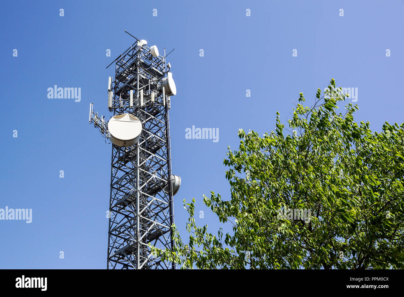 Antenna tower,antenna tower building with the blue sky. Close-up of the ...