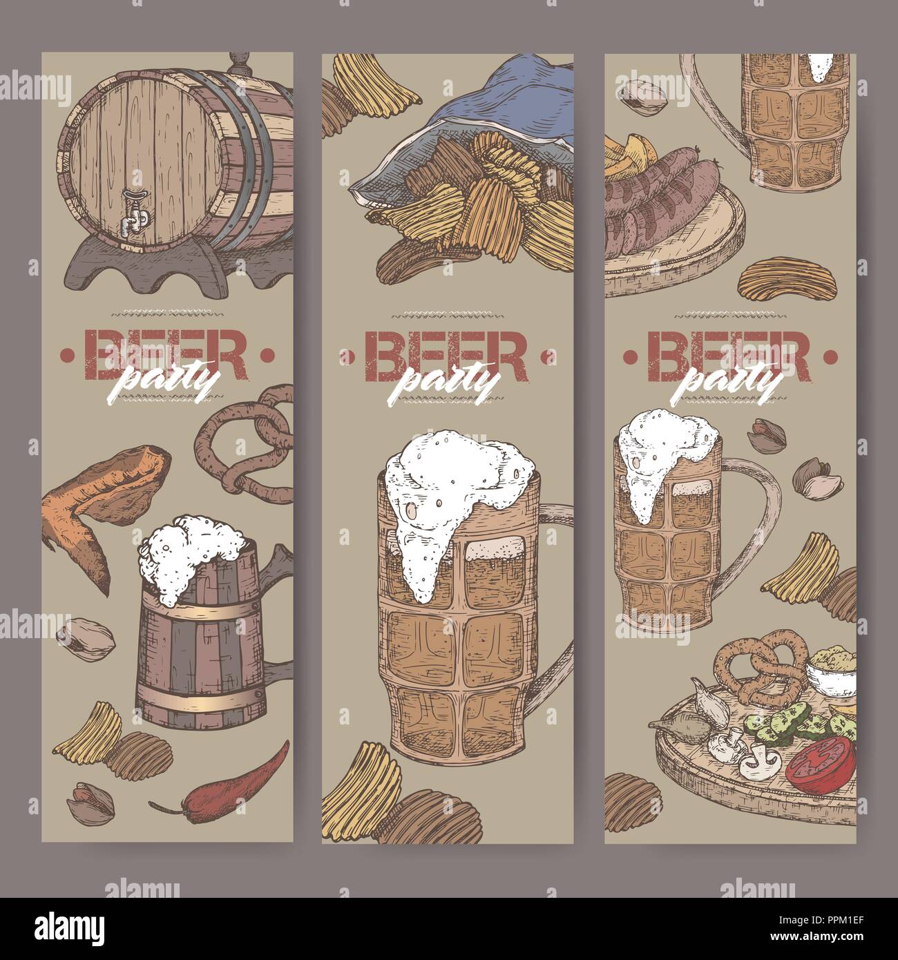Three color beer party banners with beer keg, mug, chips, nuts, chicken ...