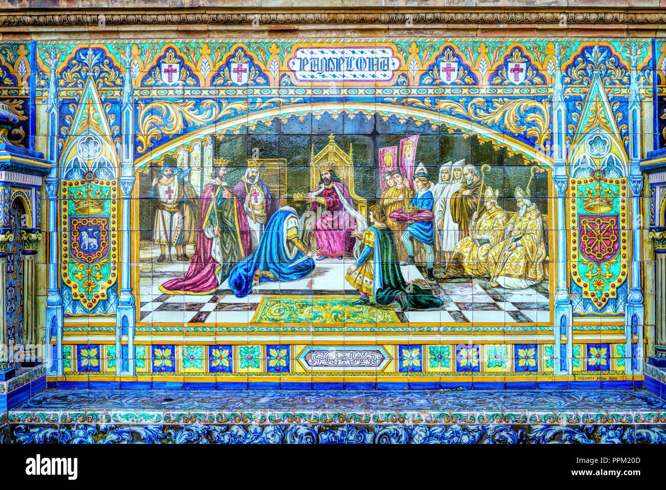 Traditional Spanish tile ornament at a public square Plaza de Espana in ...
